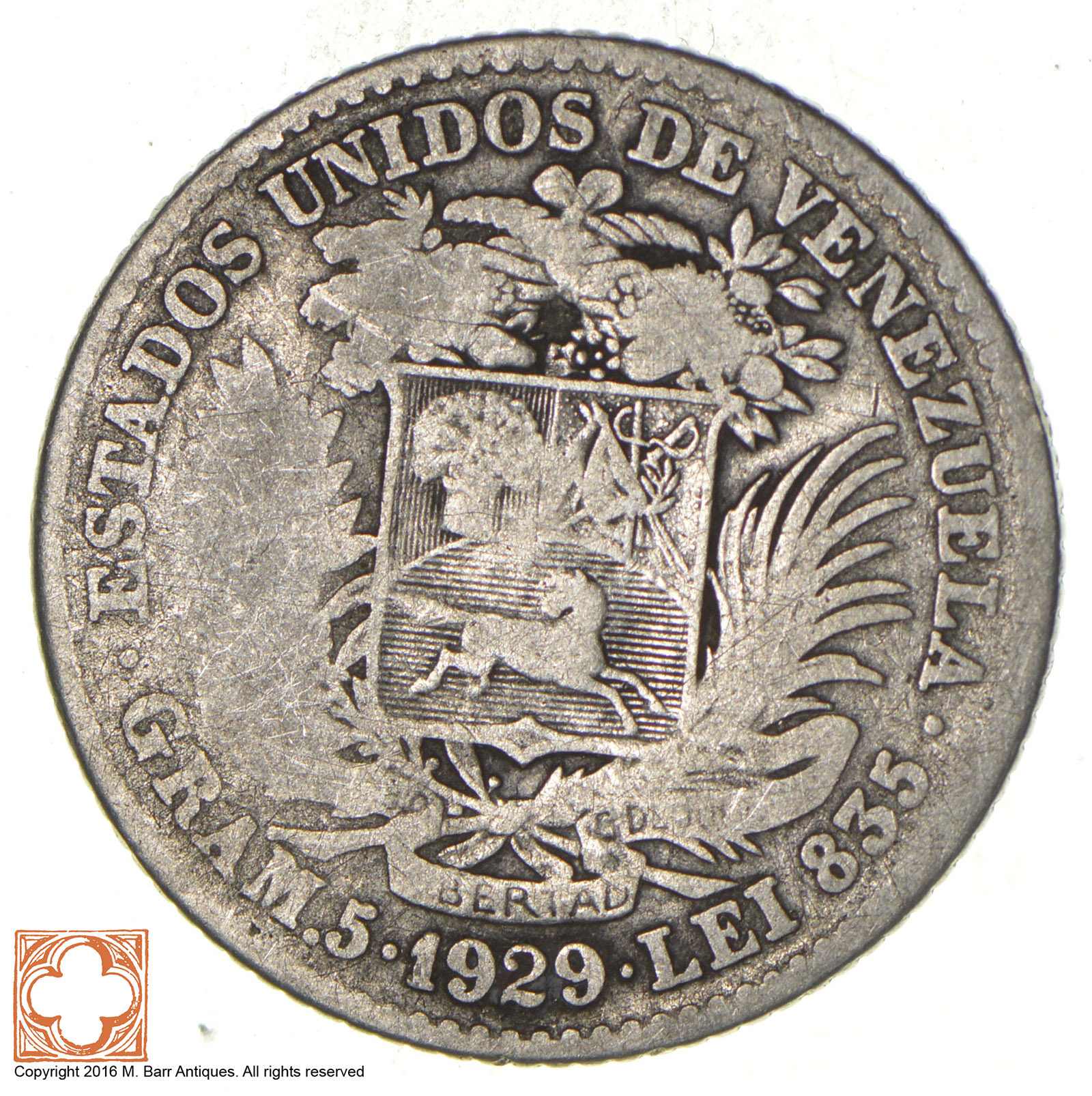 SILVER - 1929 - Venezuela - 1 Bolivar - World Silver Coin | Property Room