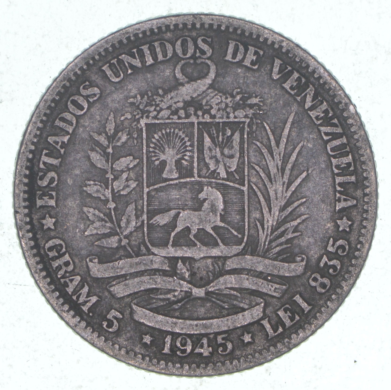 SILVER - 1945 Venezuela 1 Bolivar - World Silver Coin 4.8 Grams ...