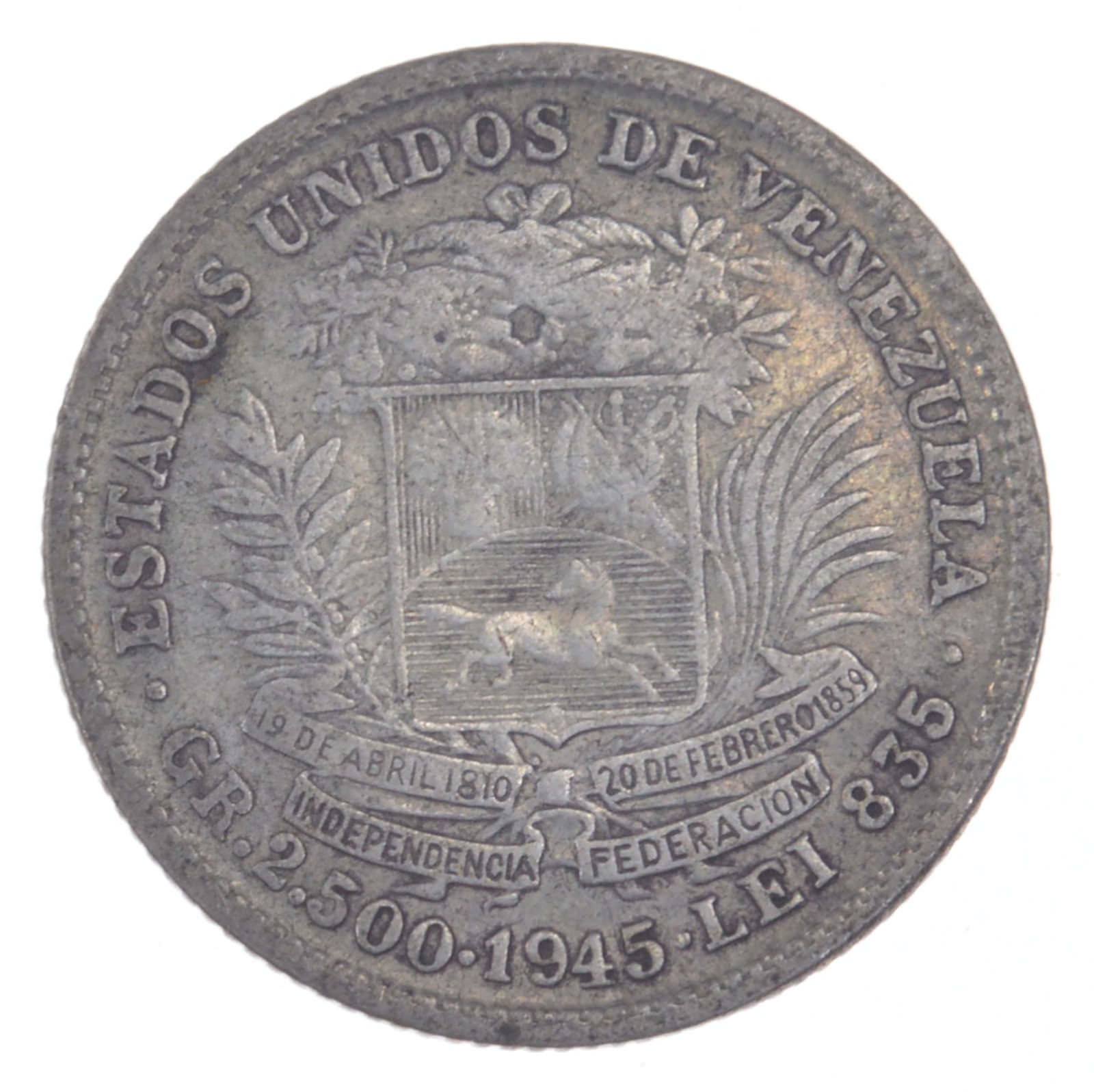 SILVER - 1945 Venezuela 50 Centimos - World Silver Coin | Property Room