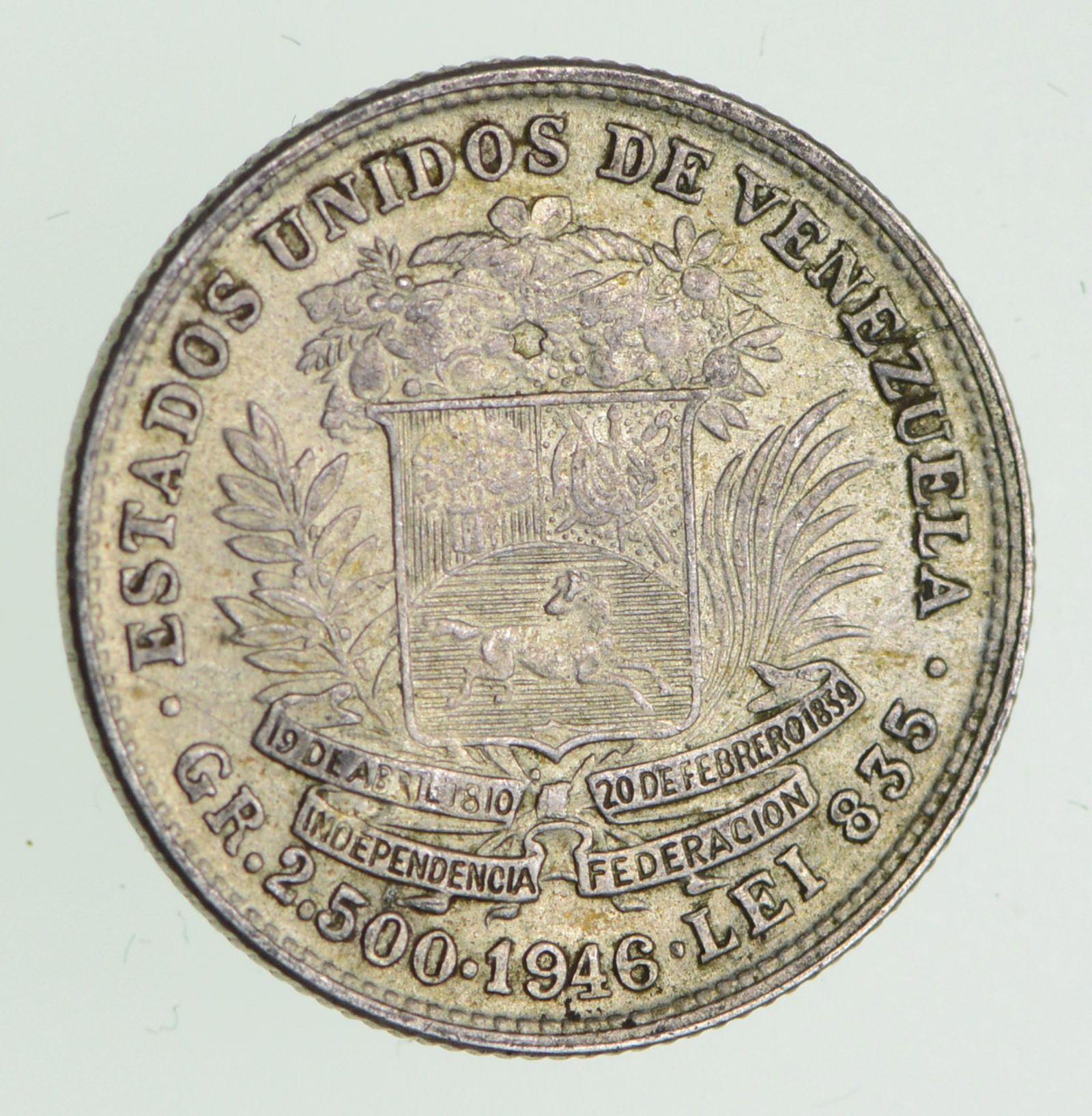 SILVER - 1946 Venezuela 1/2 Bolivar - World Silver Coin | Property Room
