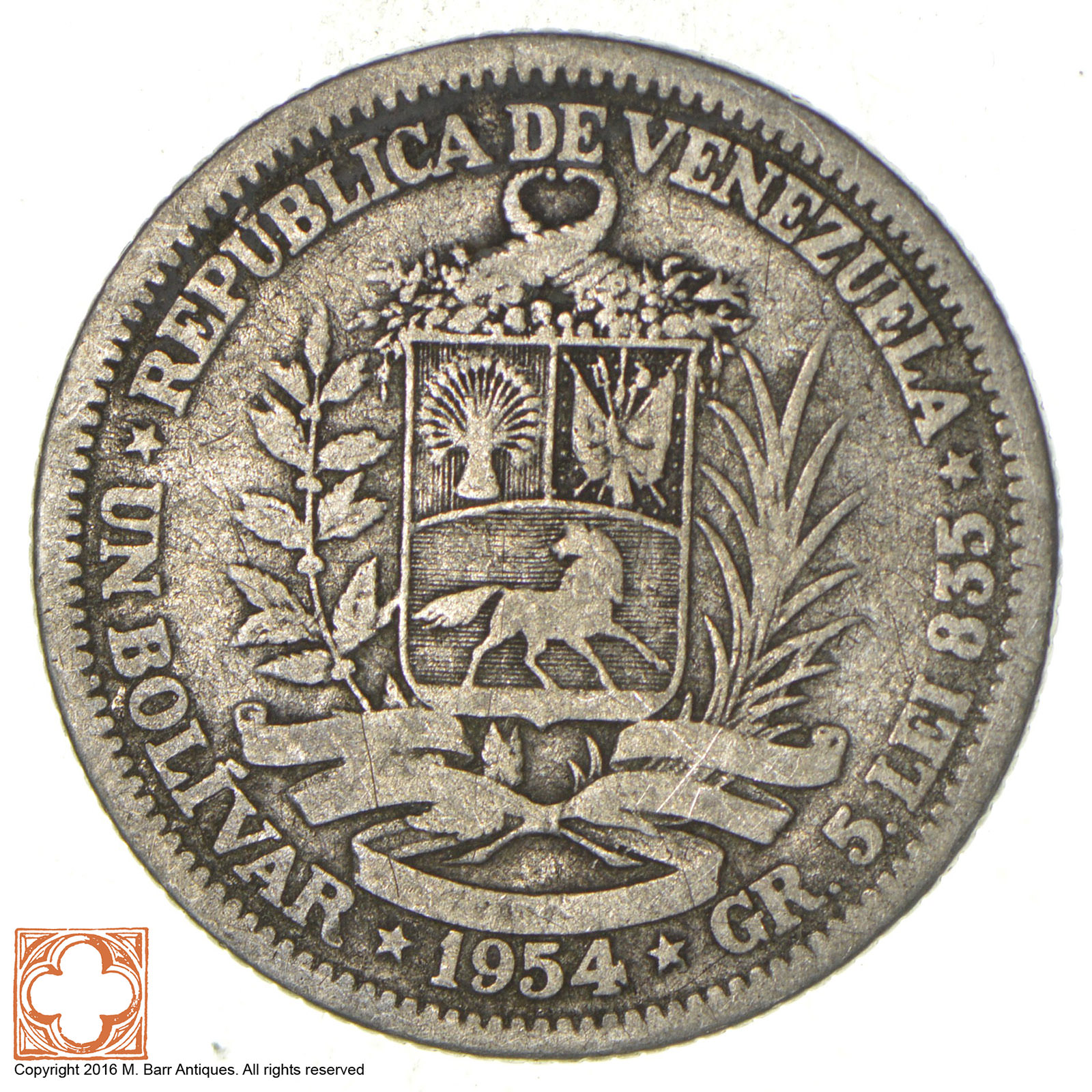SILVER - 1954 - Venezuela - 1 Bolivar - World Silver Coin | Property Room
