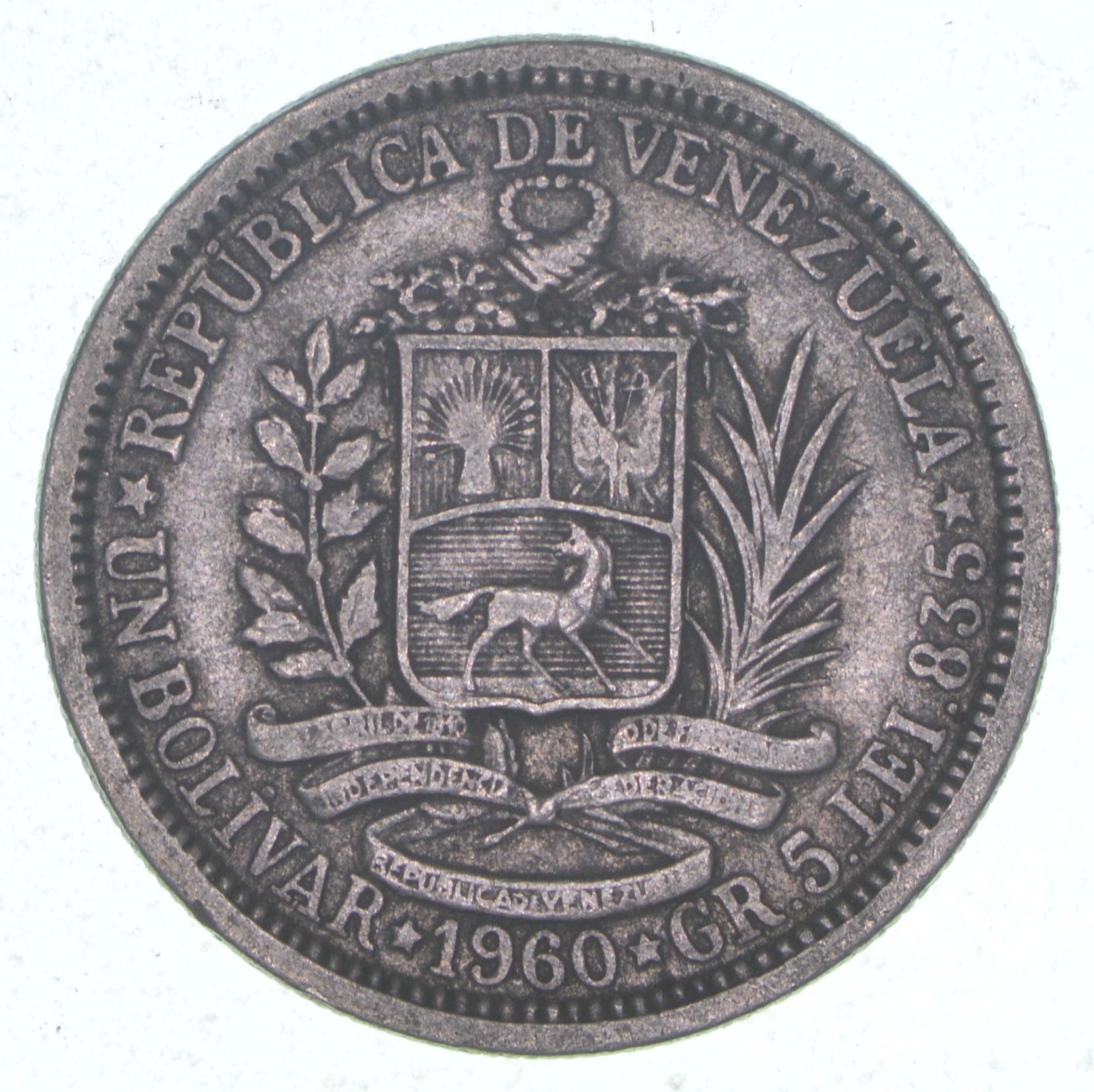 SILVER - 1960 Venezuela 1 Bolivar - World Silver Coin 4.9 Grams ...