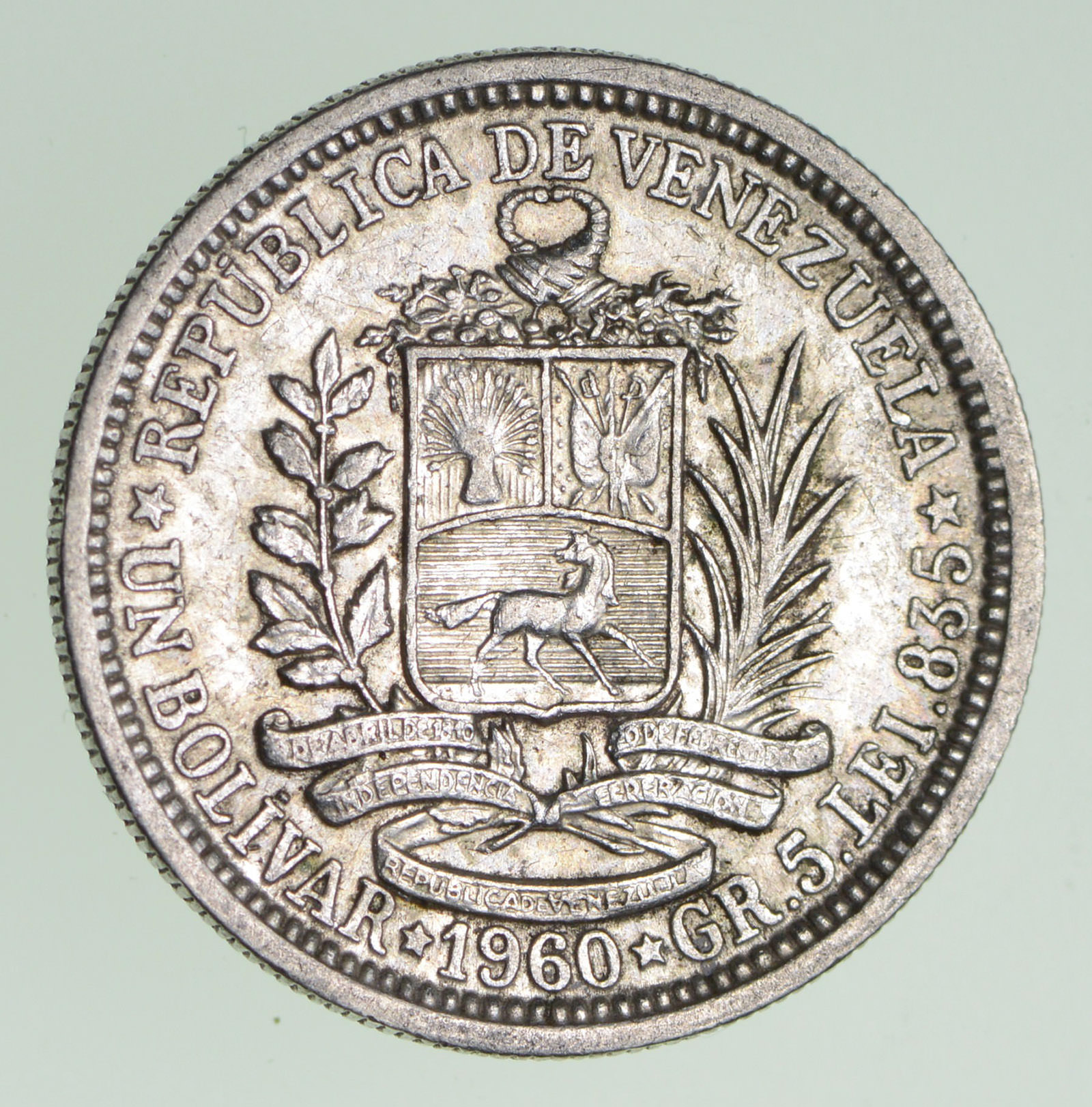SILVER - 1960 Venezuela 1 Bolivar - World Silver Coin 5.0 Grams ...