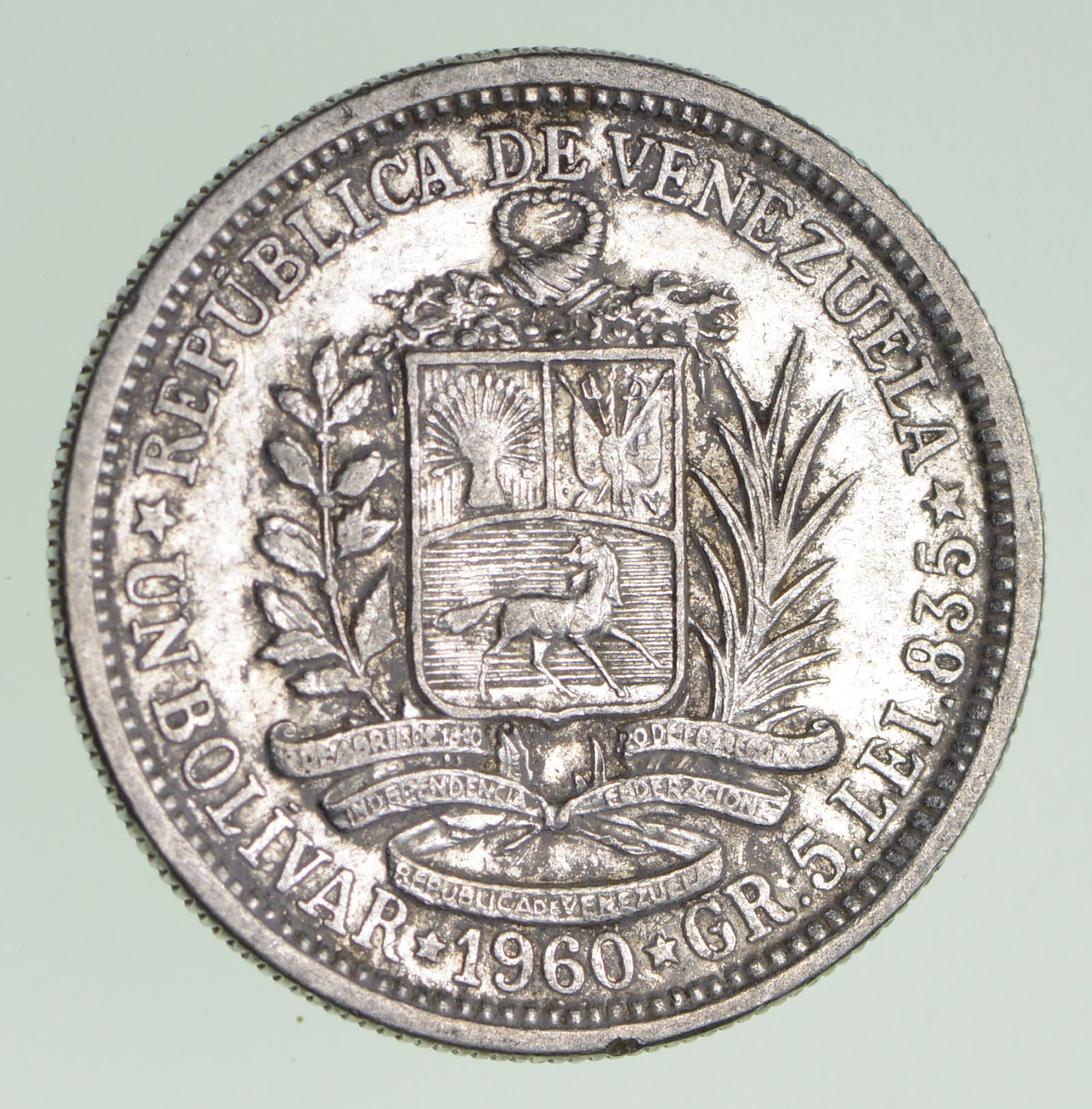 SILVER - 1960 Venezuela 1 Bolivar - World Silver Coin 5.0 Grams ...