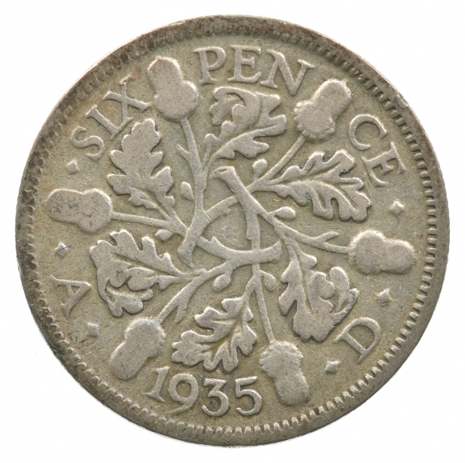 SILVER - Roughly the Size of a Dime - 1935 Great Britain 6 Pence ...