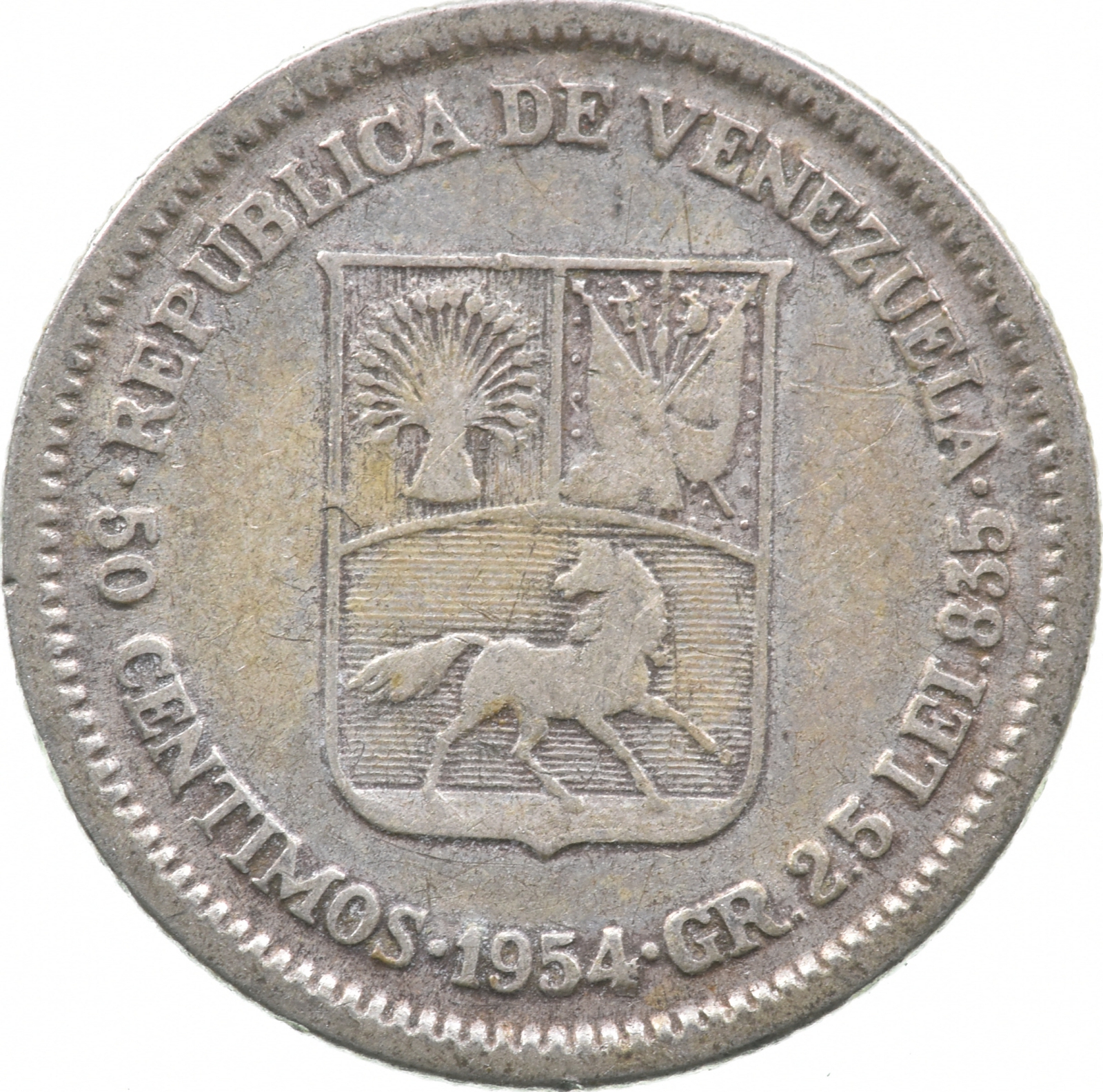 SILVER - Roughly the Size of a Dime - 1954 Venezuela 50 Centimos- World ...