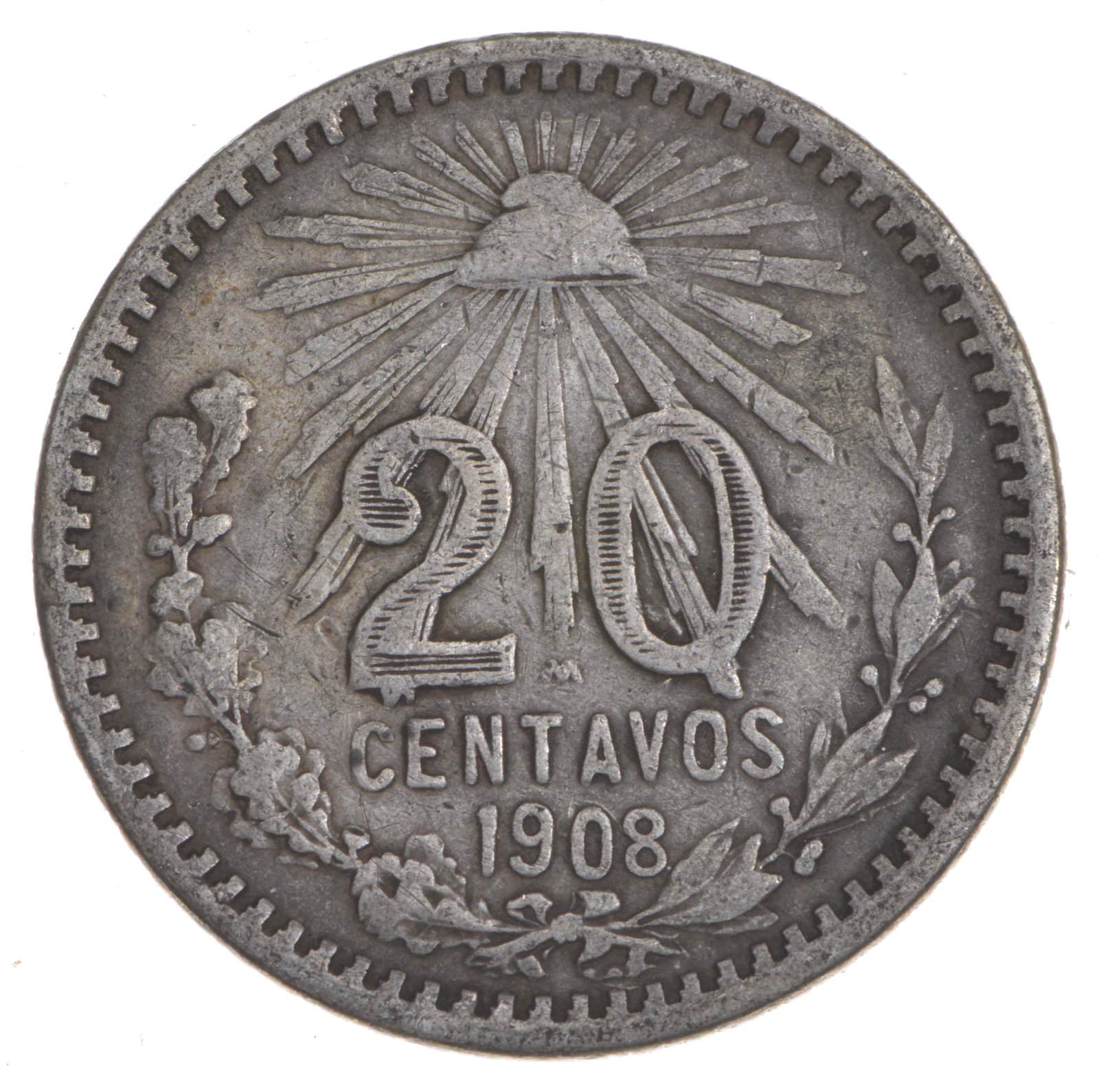 SILVER - Roughly the Size of a Nickel - 1908 Mexico 20 Centavos - World ...