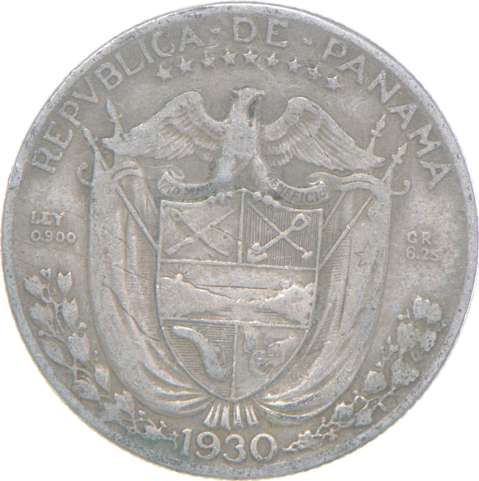 SILVER - Roughly the Size of a Quarter - 1930 Panama 1/4 Balboa - World ...