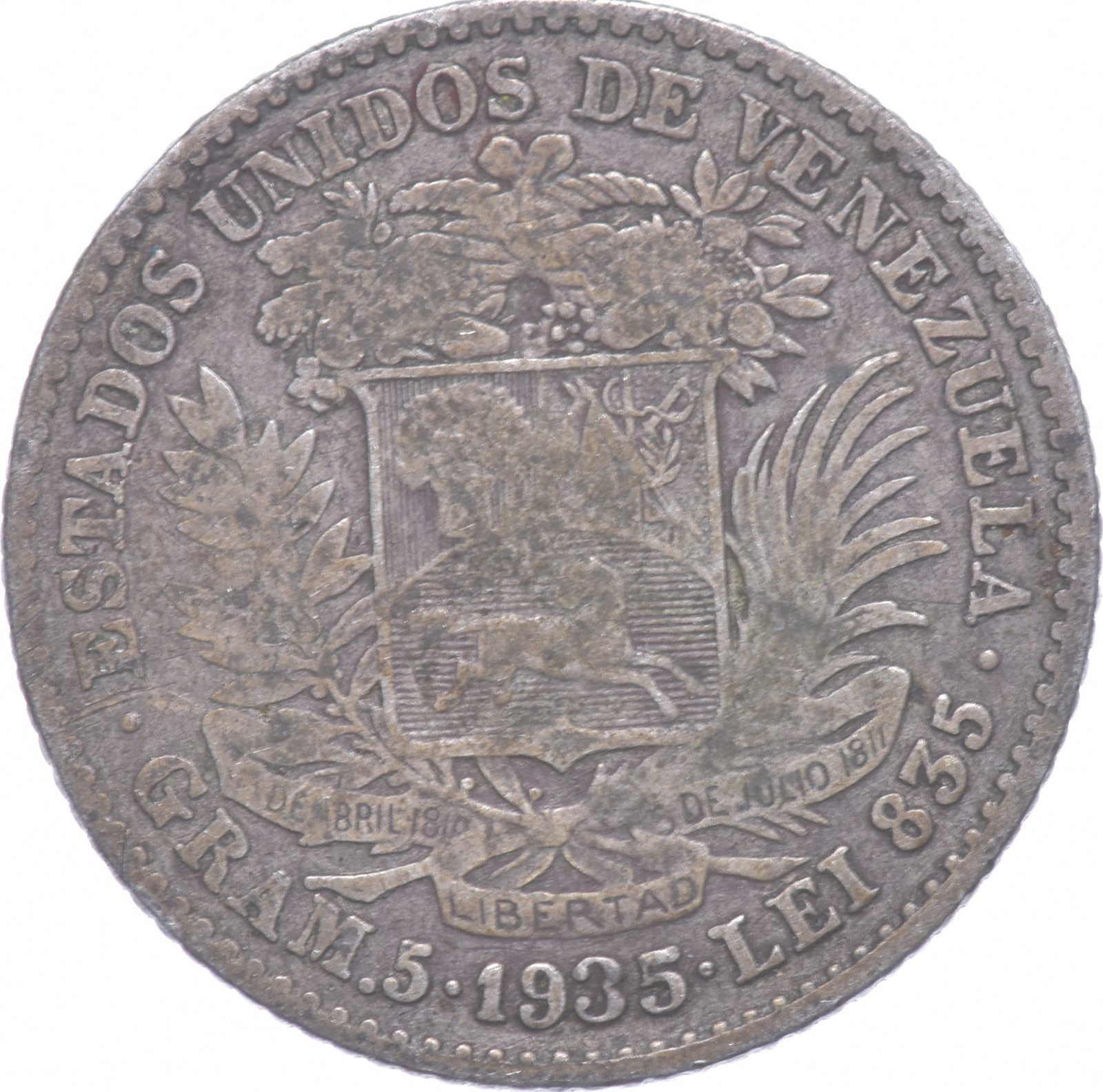 SILVER - Roughly the Size of a Quarter - 1935 Venezuela 1 Bolivar ...