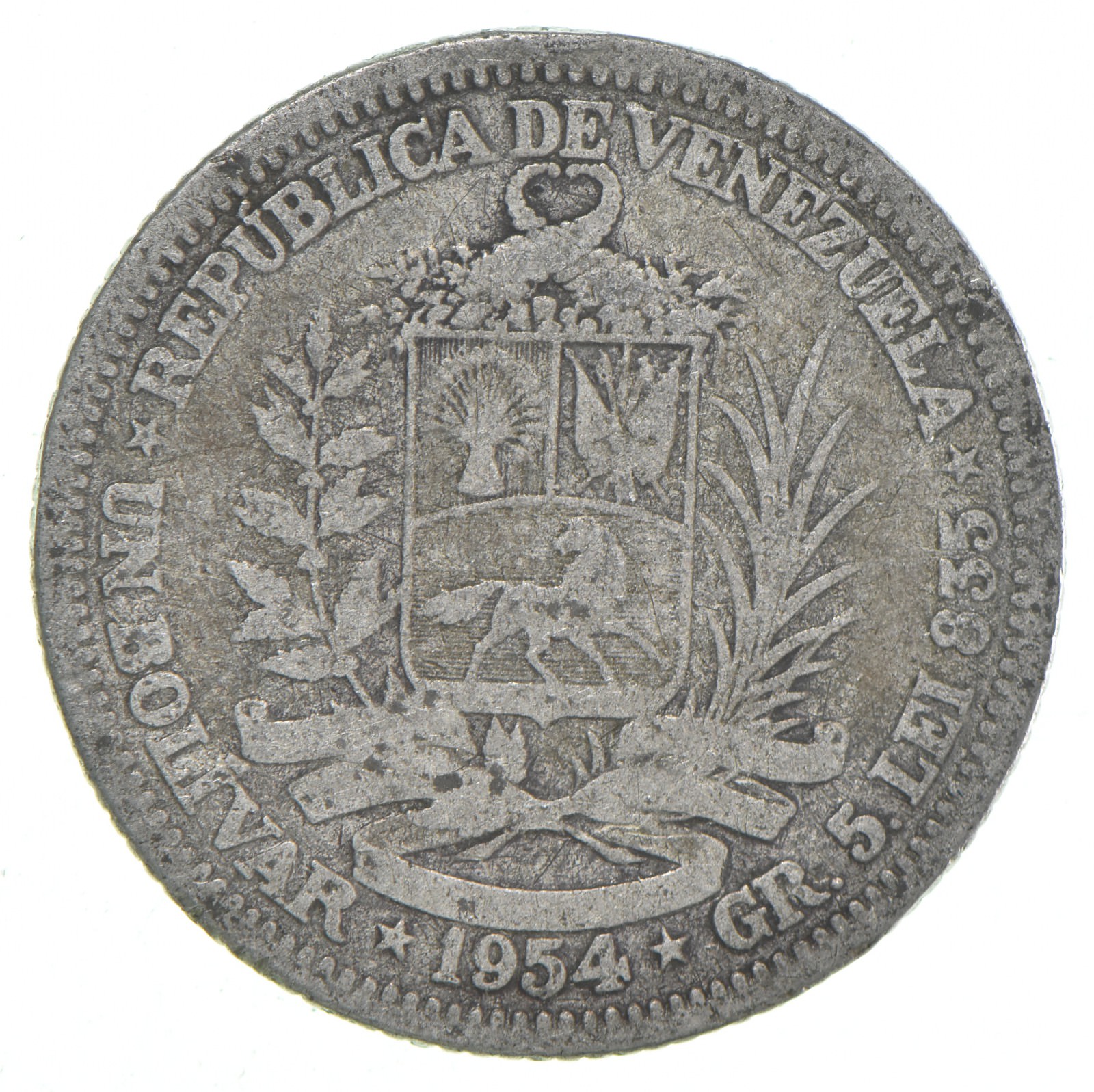 SILVER - Roughly the Size of a Quarter - 1954 Venezuela 1 Bolivar ...