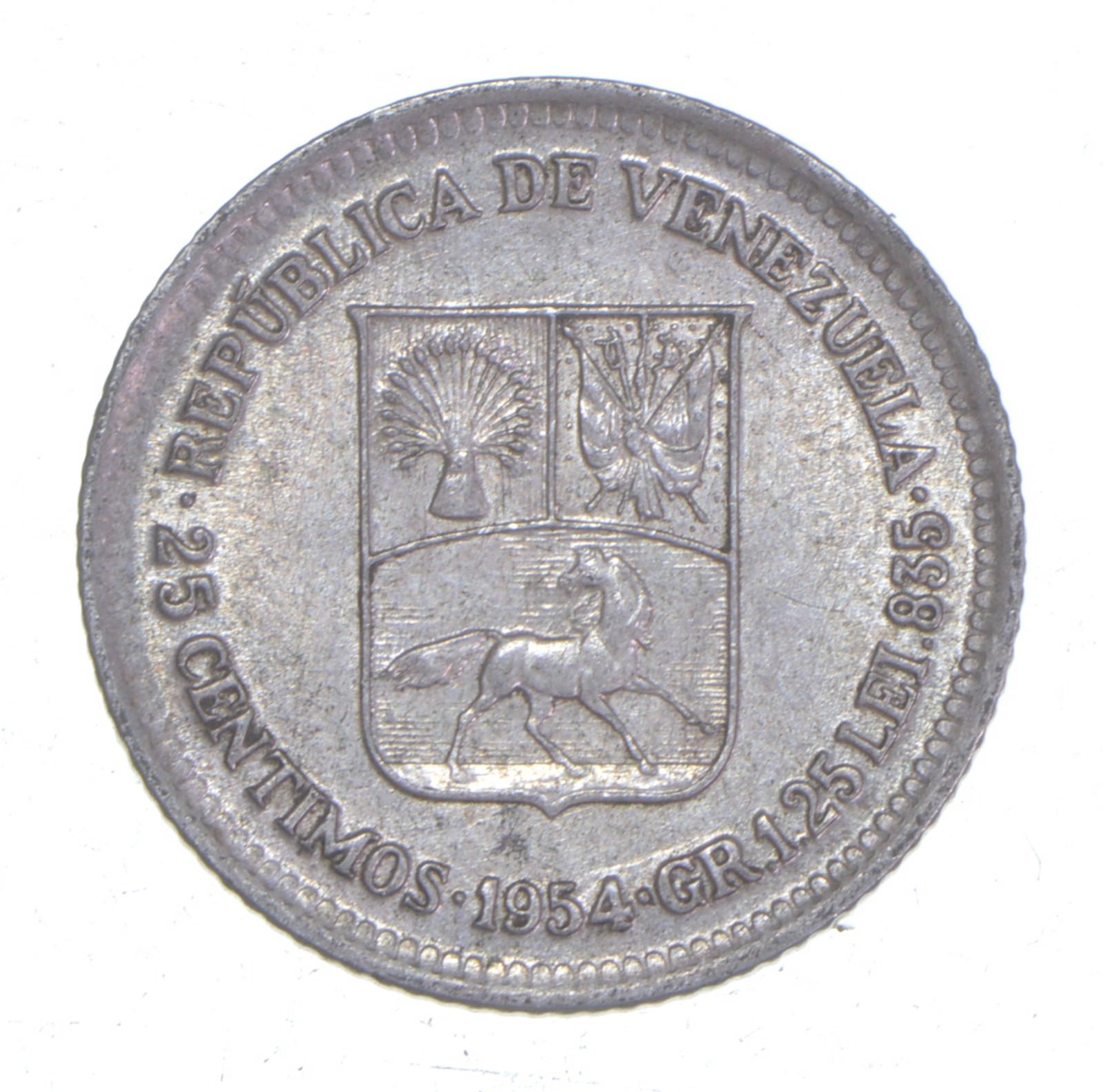 SILVER - Roughly the Size of a Quarter - 1954 Venezuela 25 Centimos ...