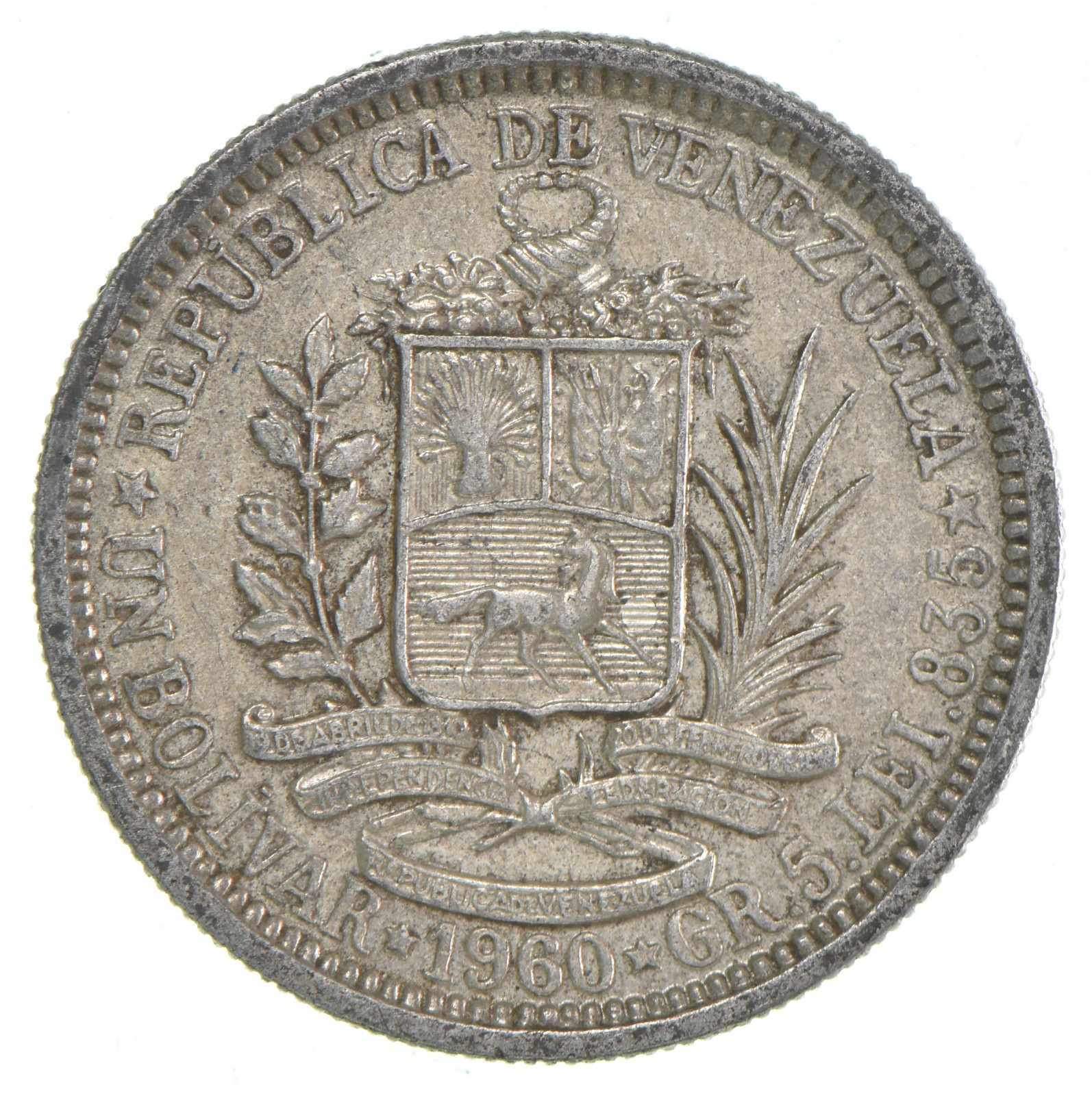 SILVER - Roughly the Size of a Quarter - 1960 Venezuela 1 Bolivar ...