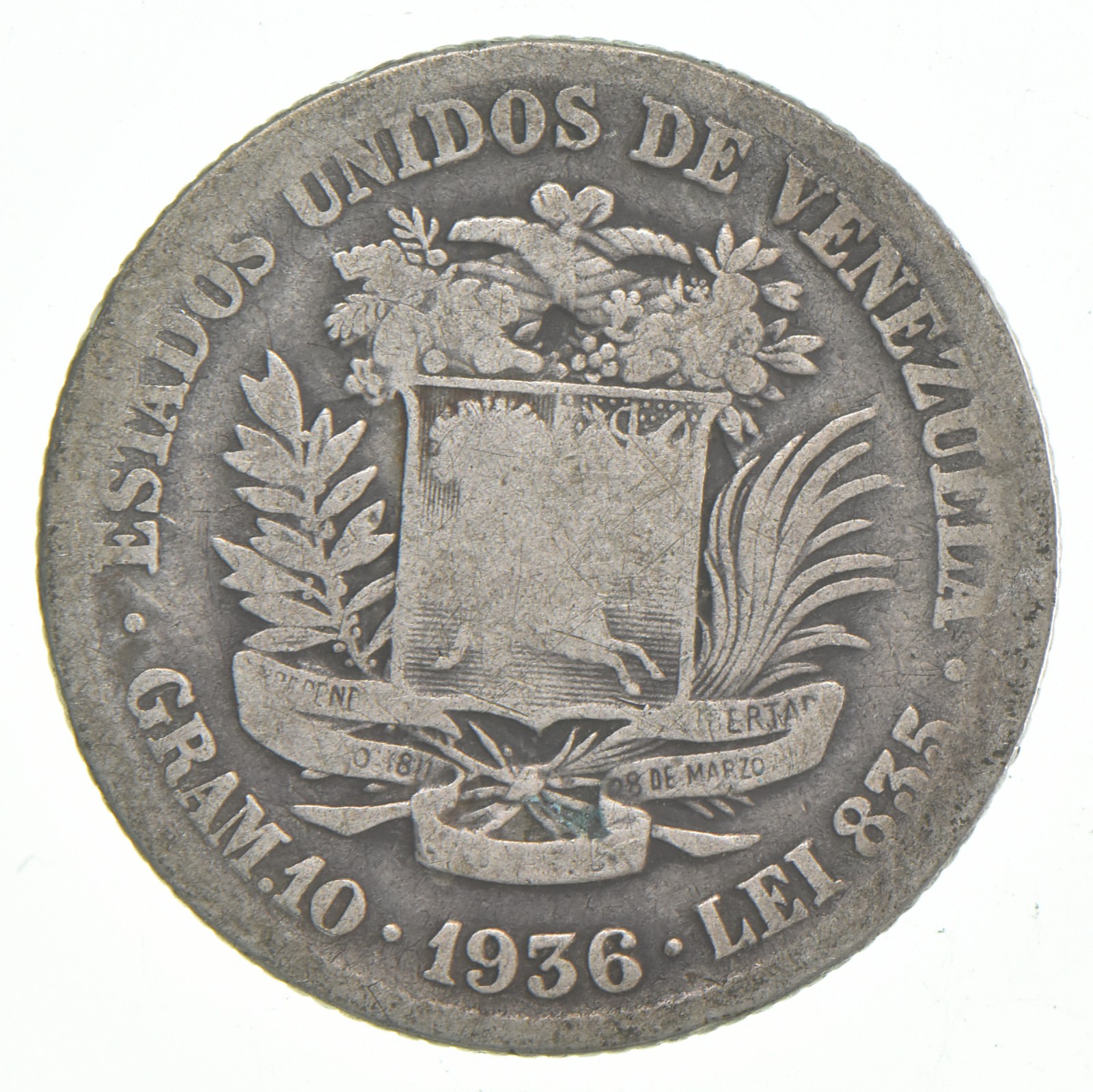 SILVER - WORLD Coin - 1936 Venezuela 1 Bolivar - World Silver Coin ...