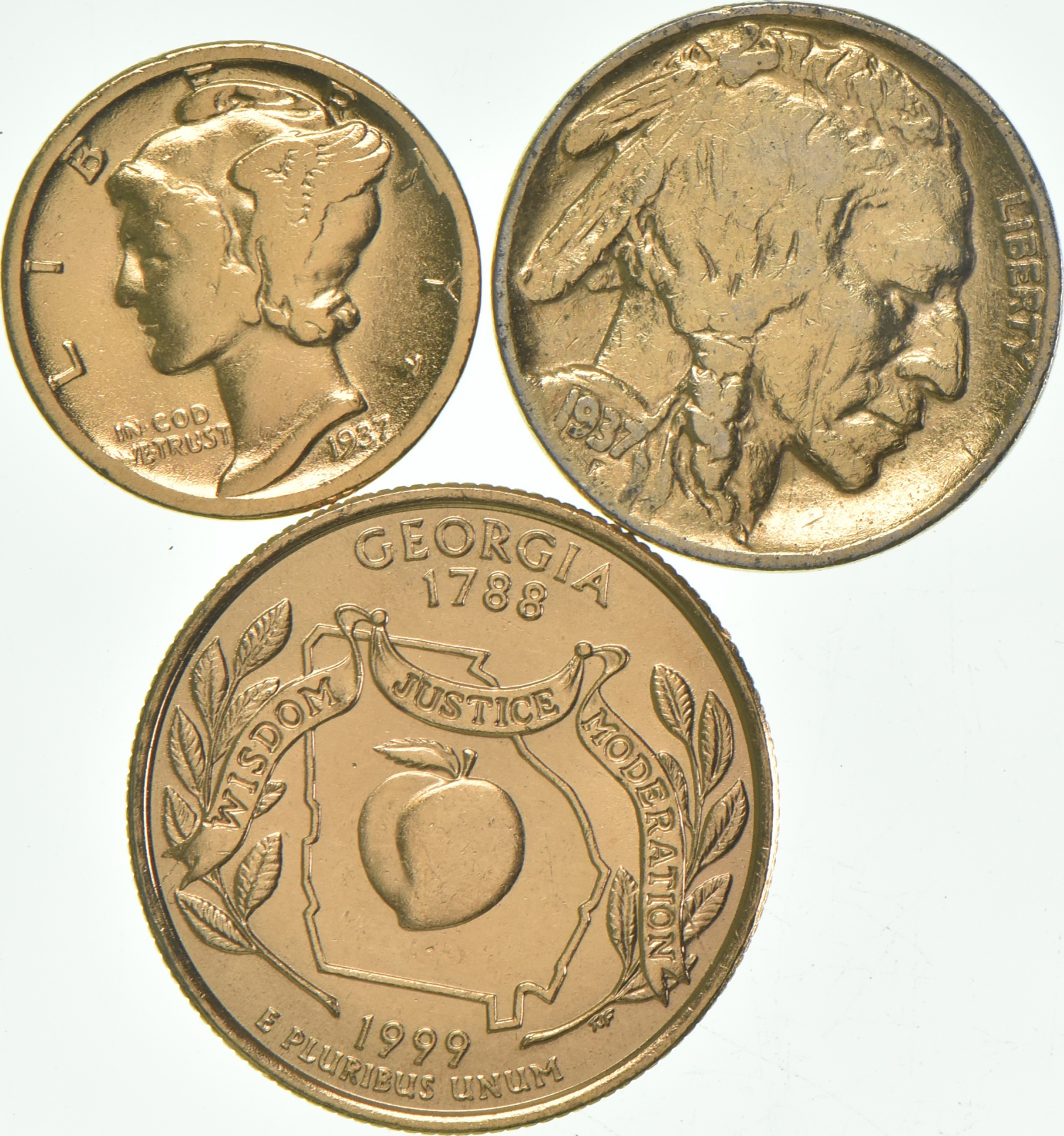 Solid 24K GOLD Plated Lot 1937 Mercury Dime 1937 Indian Head Buffalo ...