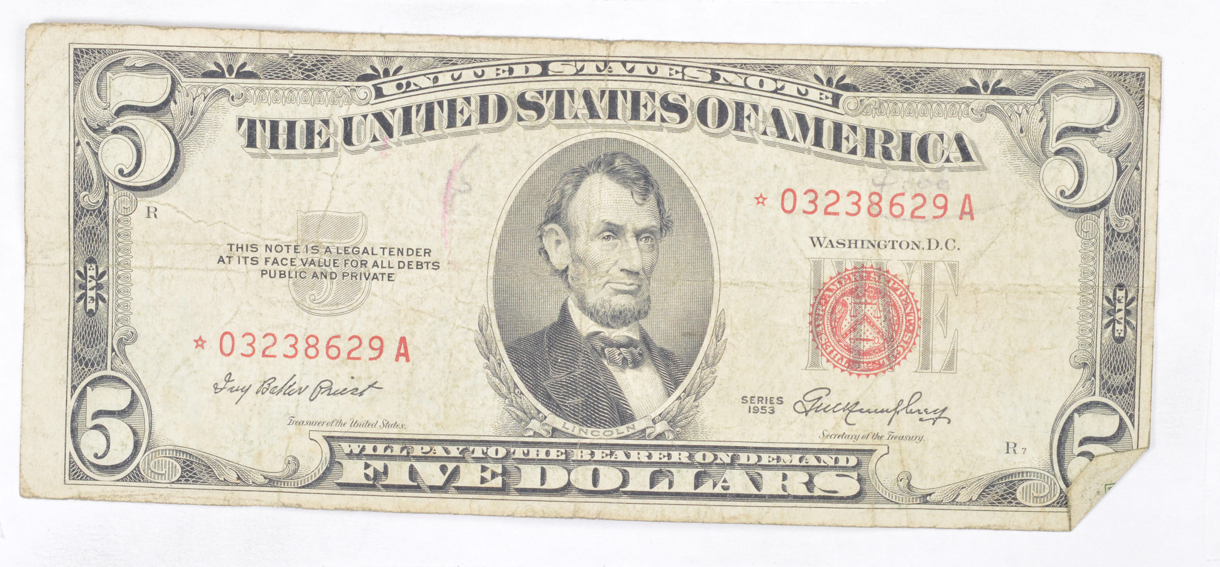 *Star* 1953 Red Seal $5.00 United States Note - ERROR Replacement ...