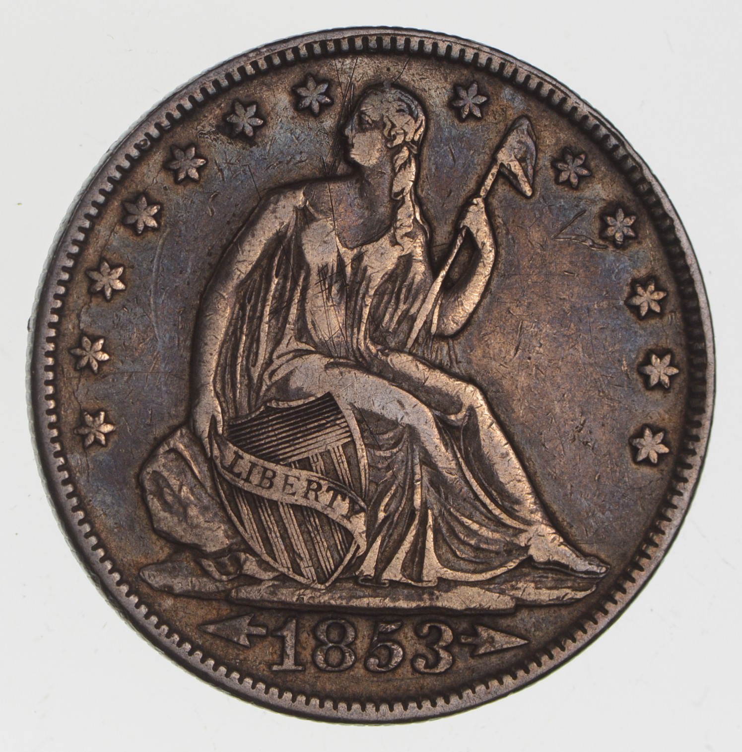 STRONG - 1853 Seated Liberty Silver Half Dollar - Arrows & Rays | Property Room