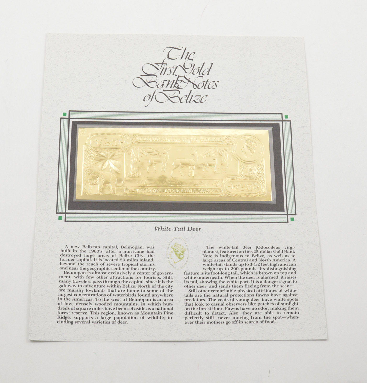The First Gold Bank Notes Of Belize - $25 White-Tail Deer - 22K Gold ...