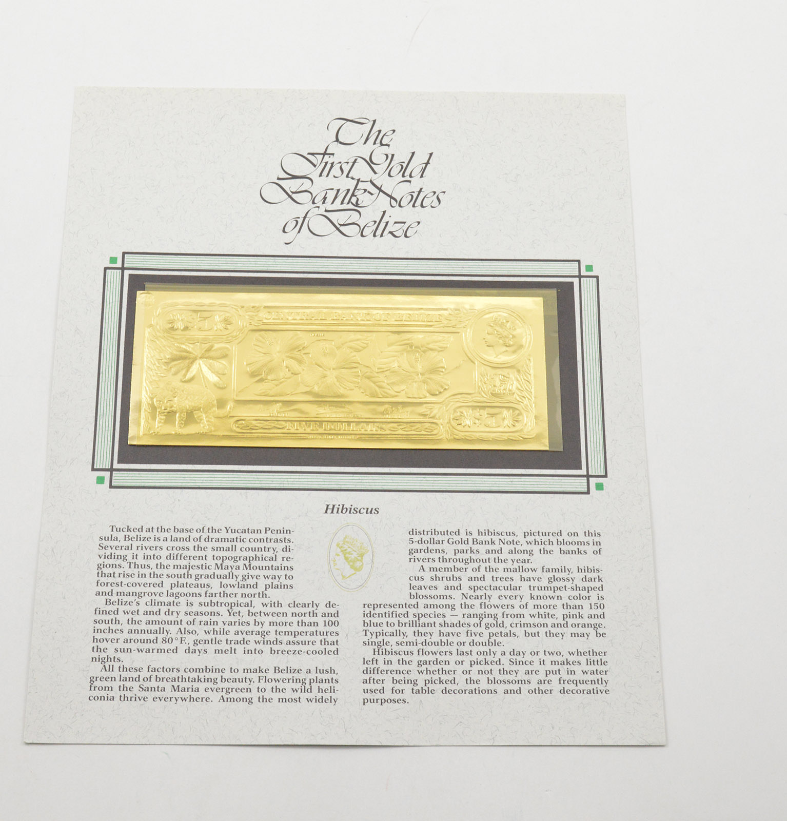 The First Gold Bank Notes Of Belize - $5 Hibiscus - 22K Gold Bank Note ...