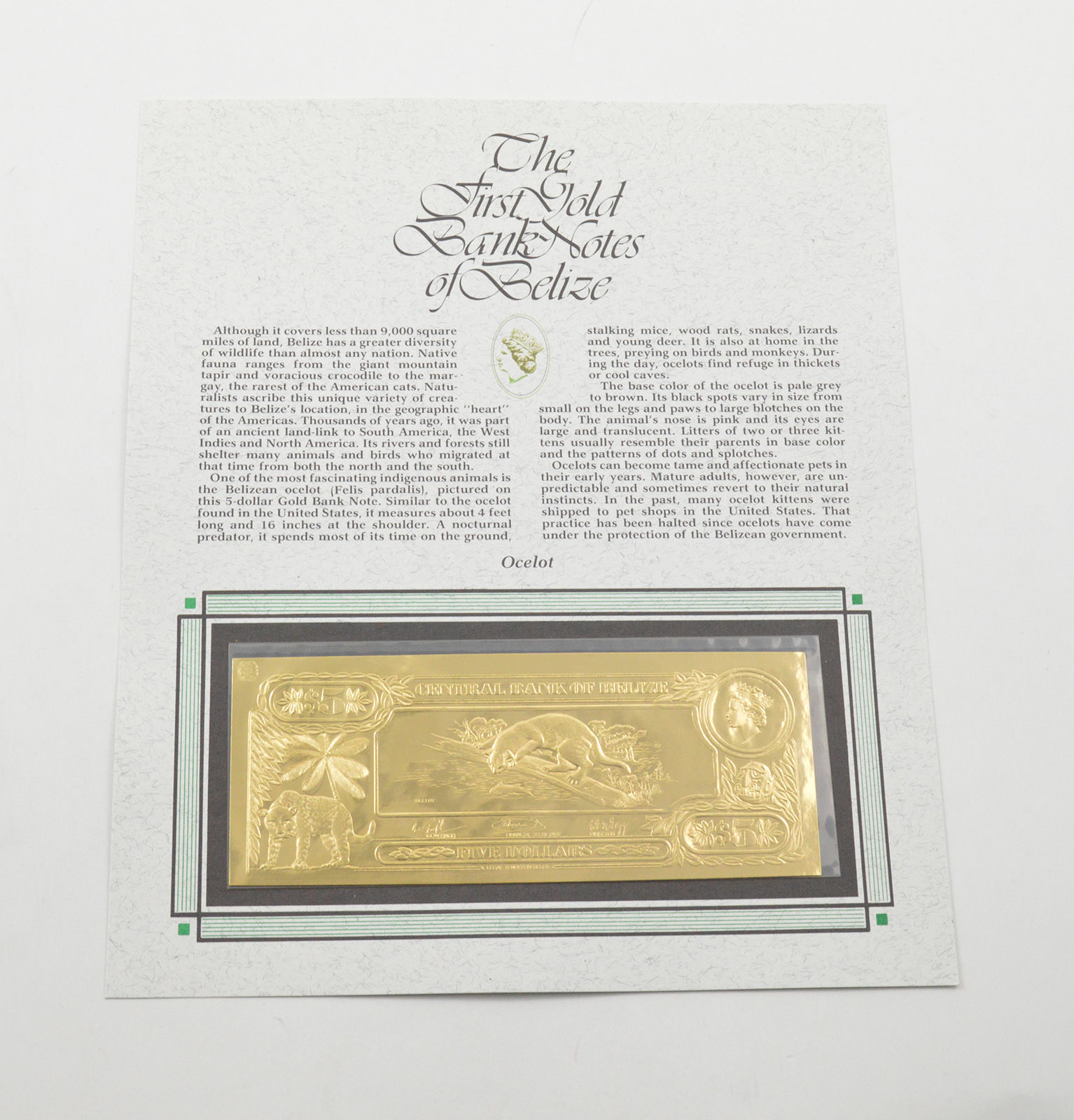 The First Gold Bank Notes Of Belize - $5 Ocelot - 22K Gold Bank Note ...