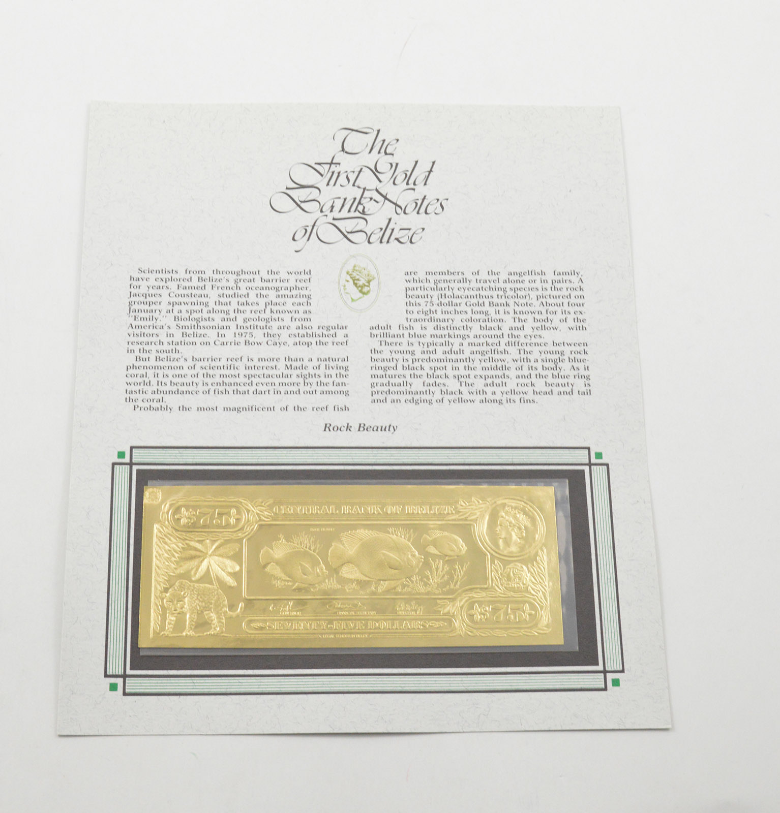 The First Gold Bank Notes Of Belize - $75 Rock Beauty - 22K Gold Bank ...