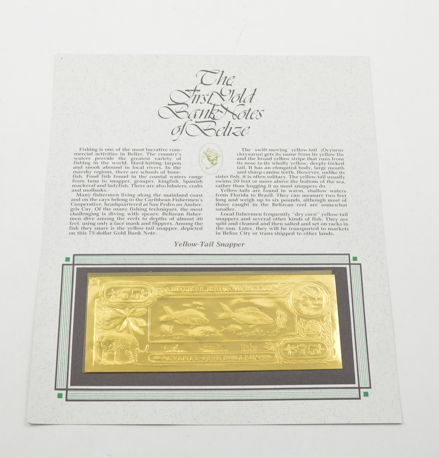 The First Gold Bank Notes Of Belize - $75 Yellow-Tail Snapper - 22K ...