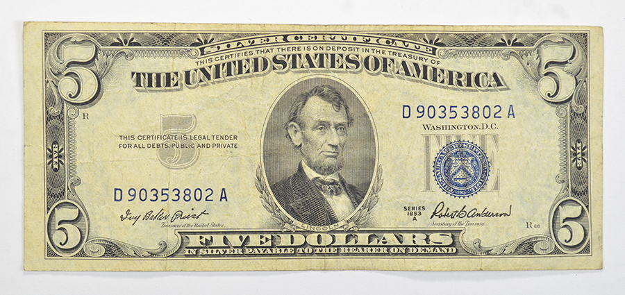 Treasurer - Priest - 1953 $5.00 Silver Certificate US Note - Historic ...