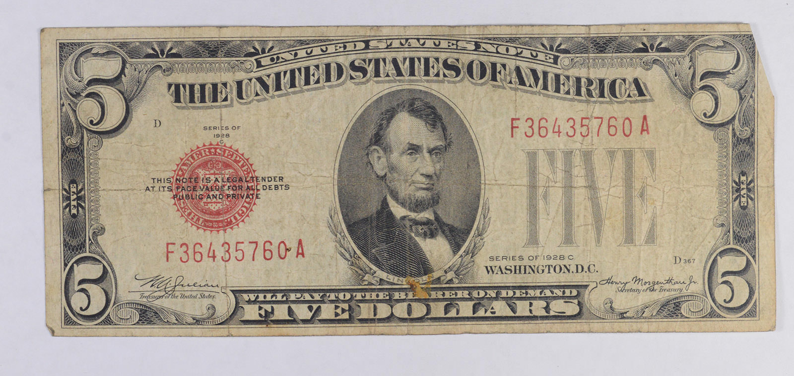 Uncommon 1928-C $5.00 Red Seal US Note - RARE Note | Property Room