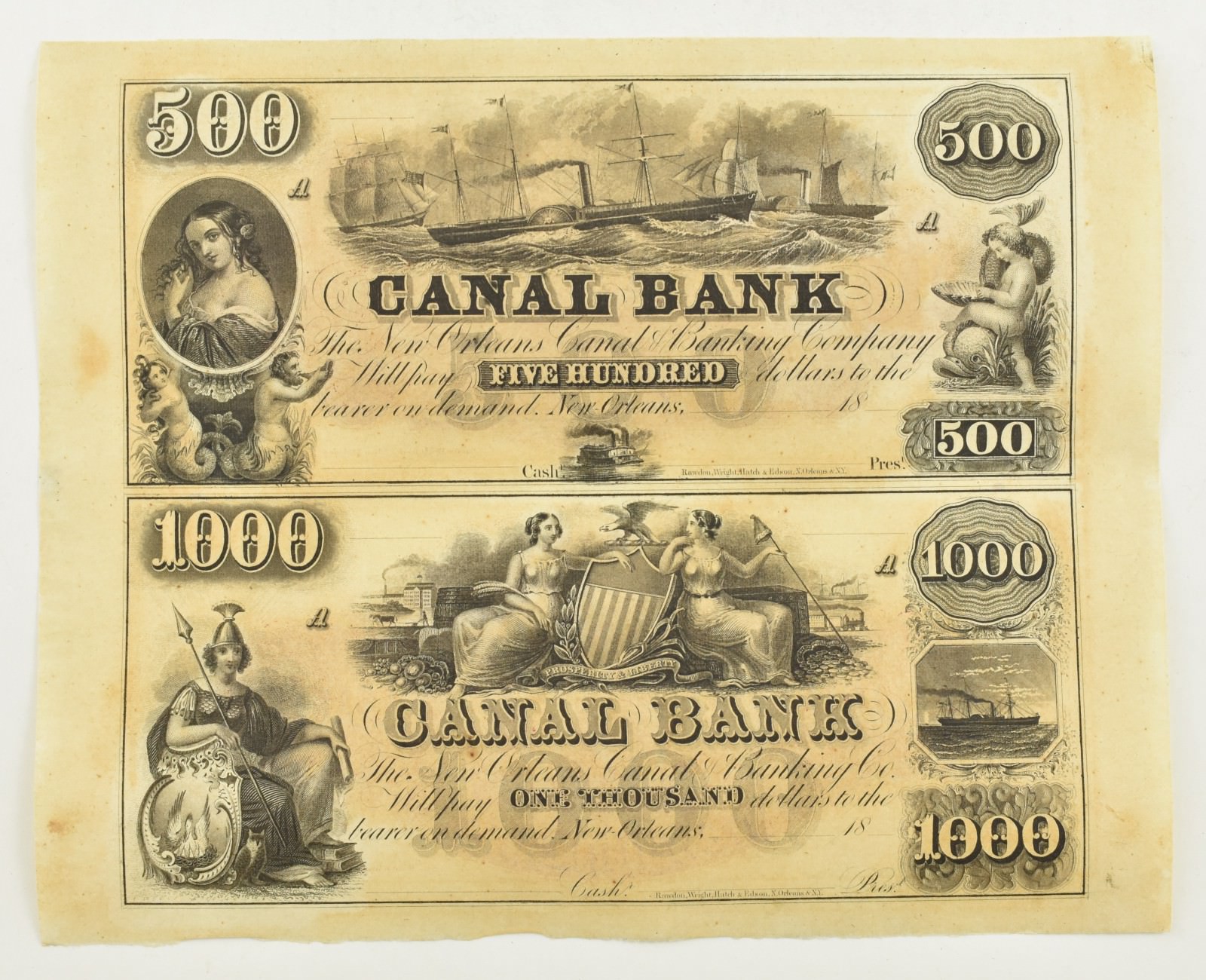 Uncut Sheet 1800's $500, $1000 Canal Bank New Orleans Notes | Property Room