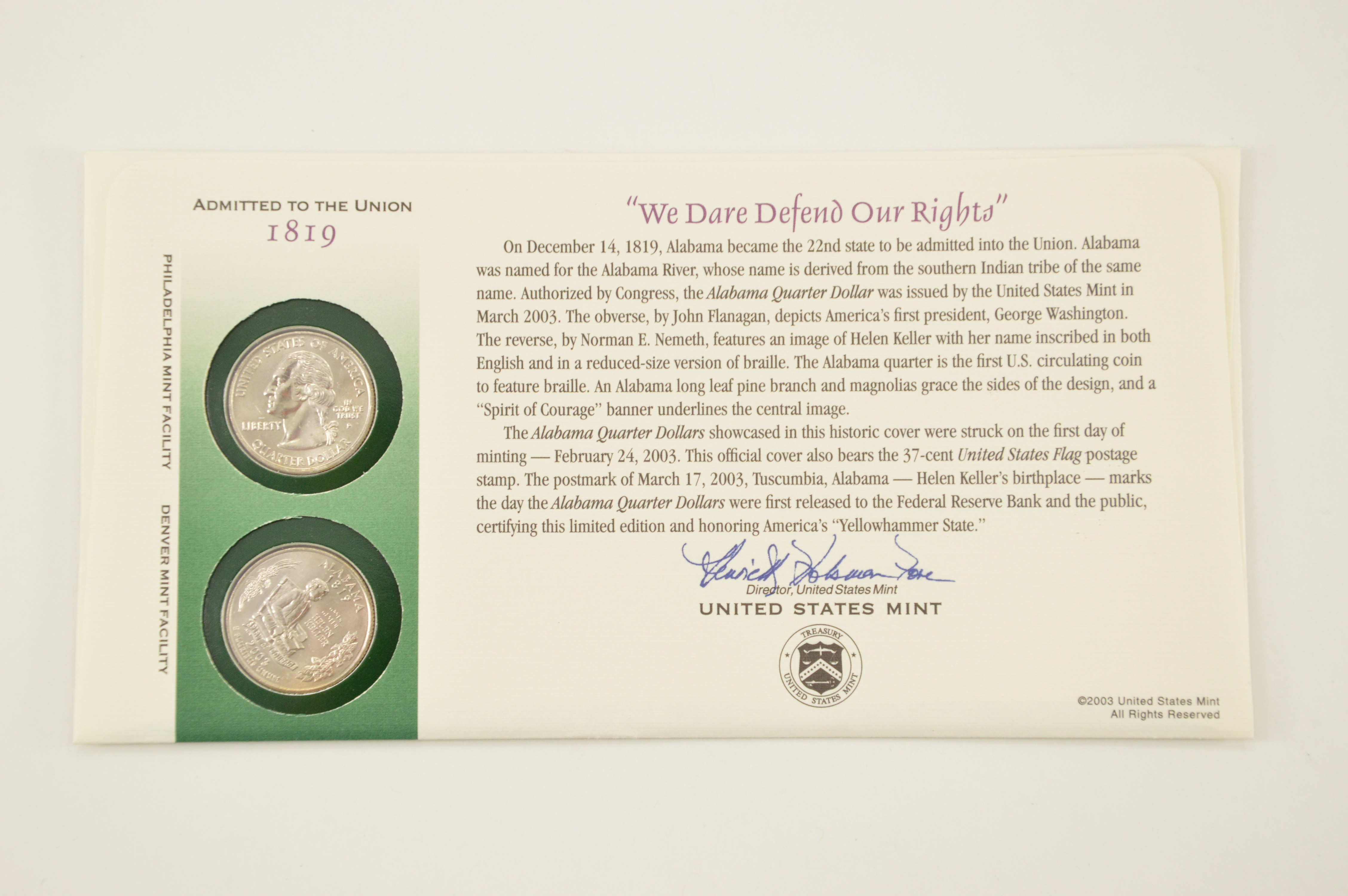 US Stamp & 2 Coin Ch BU Alabama State Quarter Beautifully Displayed ...