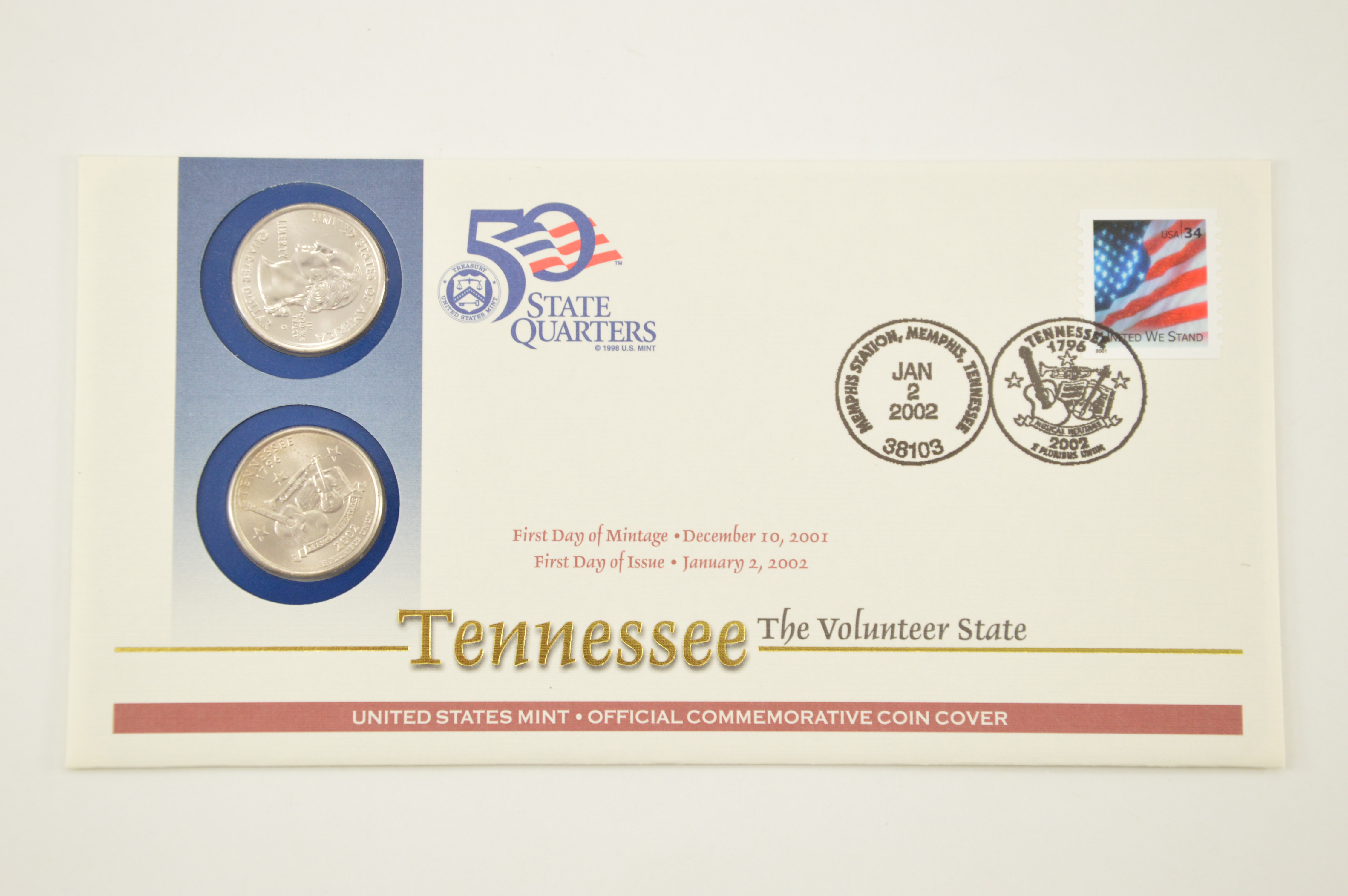 US Stamp & 2 Coin Ch BU Tennessee State Quarter Beautifully Displayed ...
