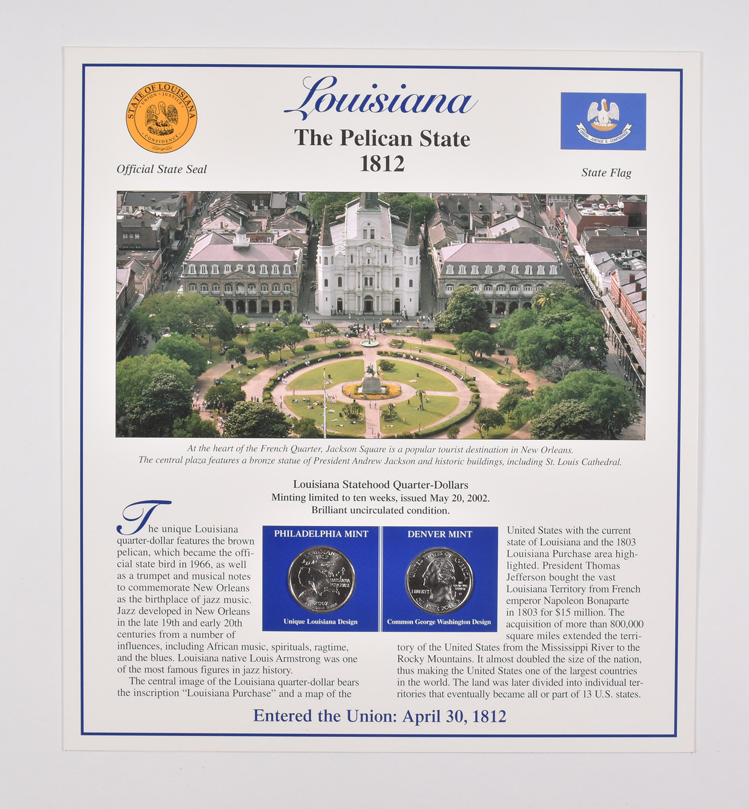 US Stamp & 2 CoinState Quarter Beautifully Displayed Coin Set Story ...