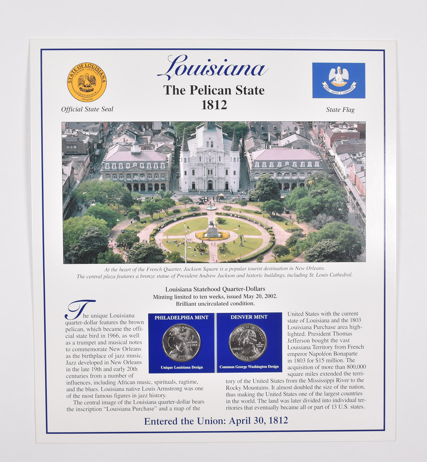 US Stamp & 2 CoinState Quarter Beautifully Displayed Coin Set Story ...