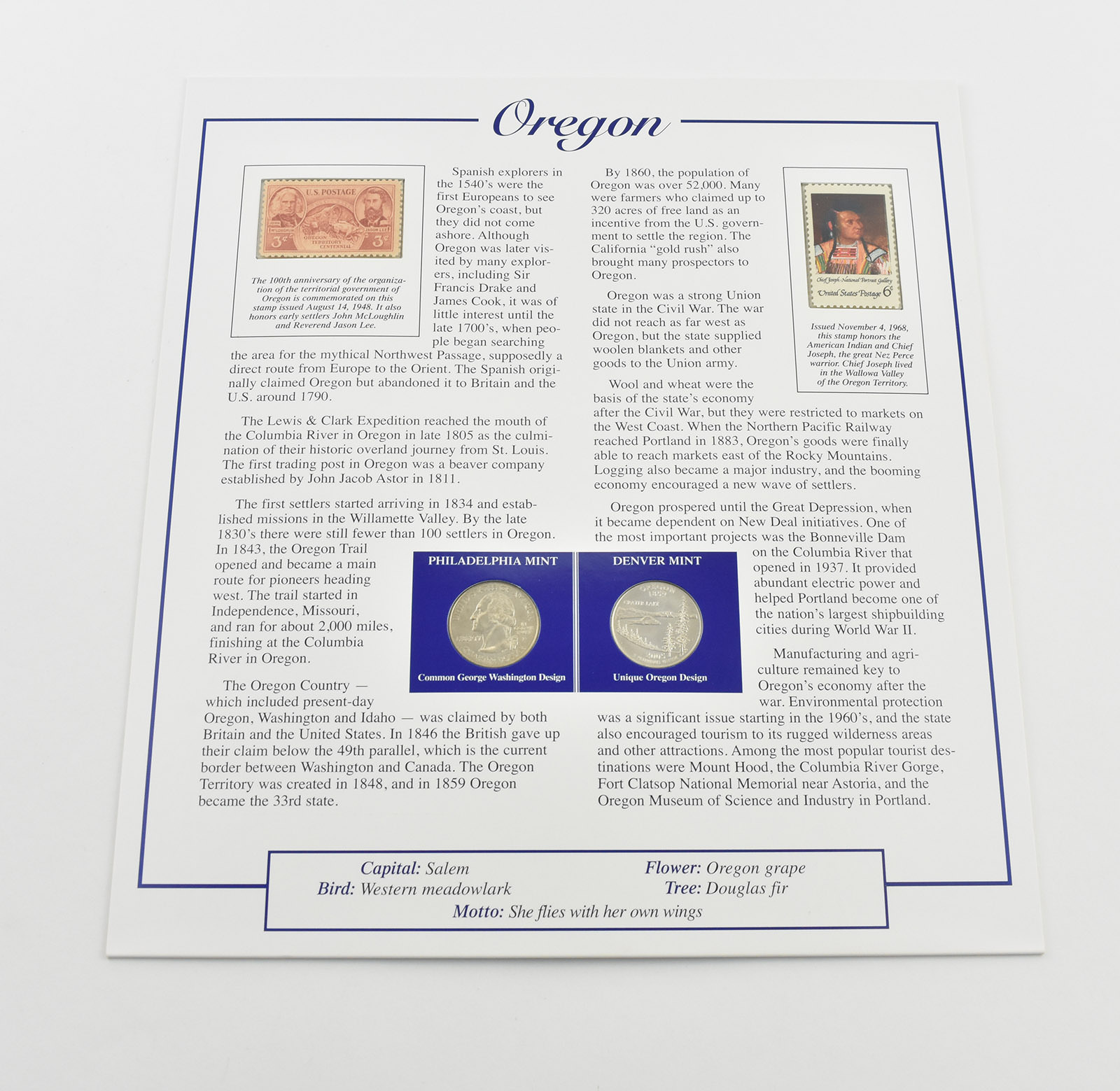 US Stamp & 2 CoinState Quarter Beautifully Displayed Coin Set Story ...