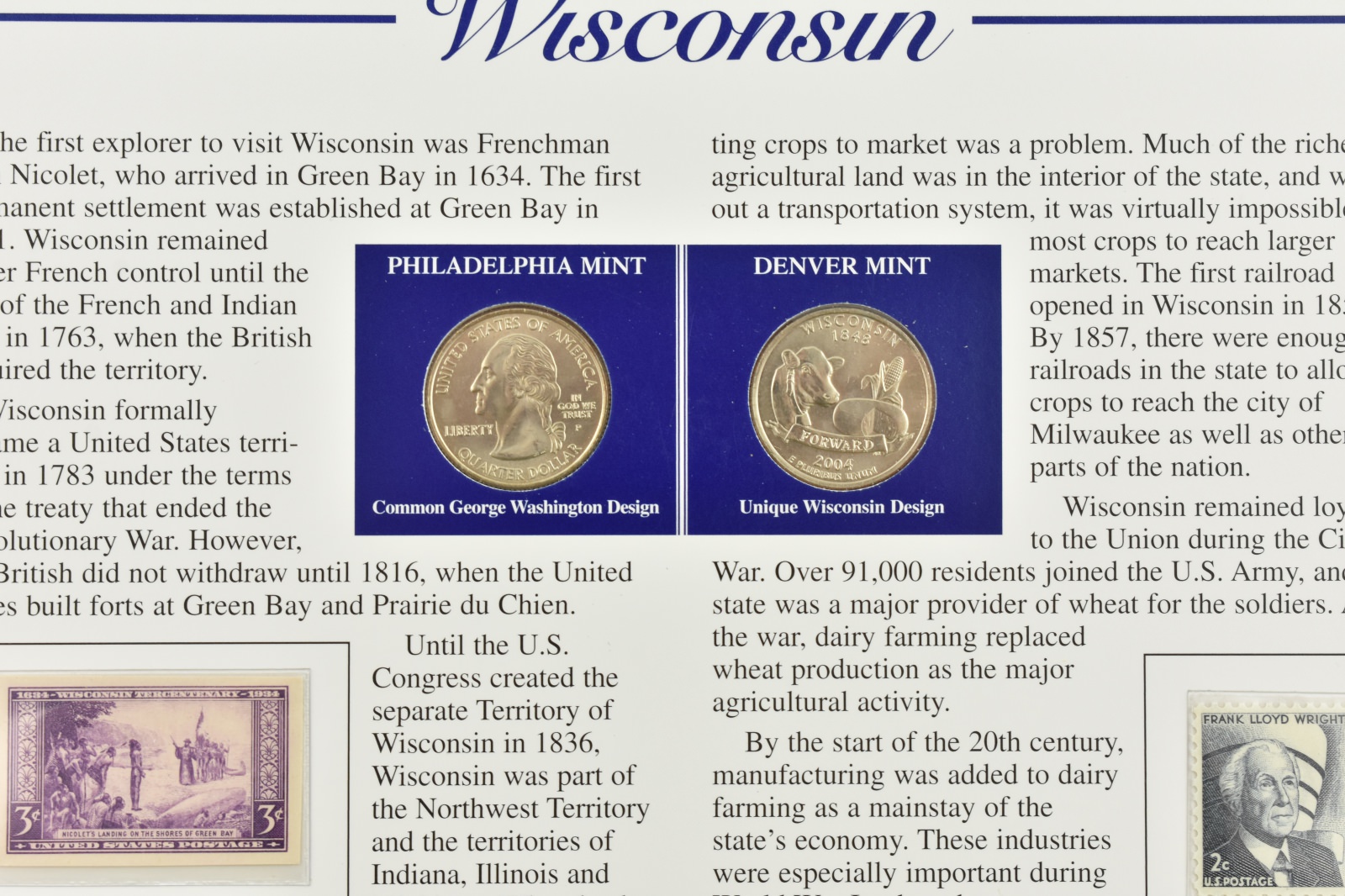 US Stamp & 2 CoinState Quarter Beautifully Displayed Coin Set Story ...