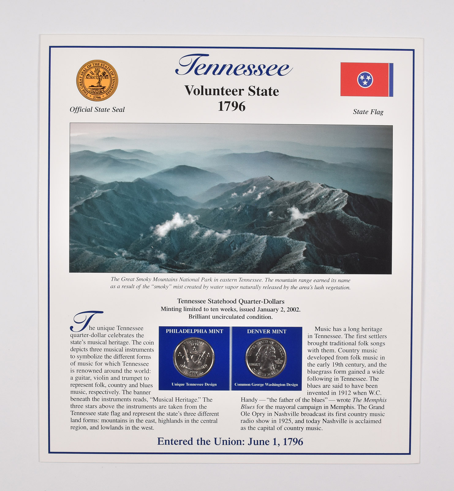 US Stamp & 2 CoinState Quarter Beautifully Displayed Coin Set Story ...