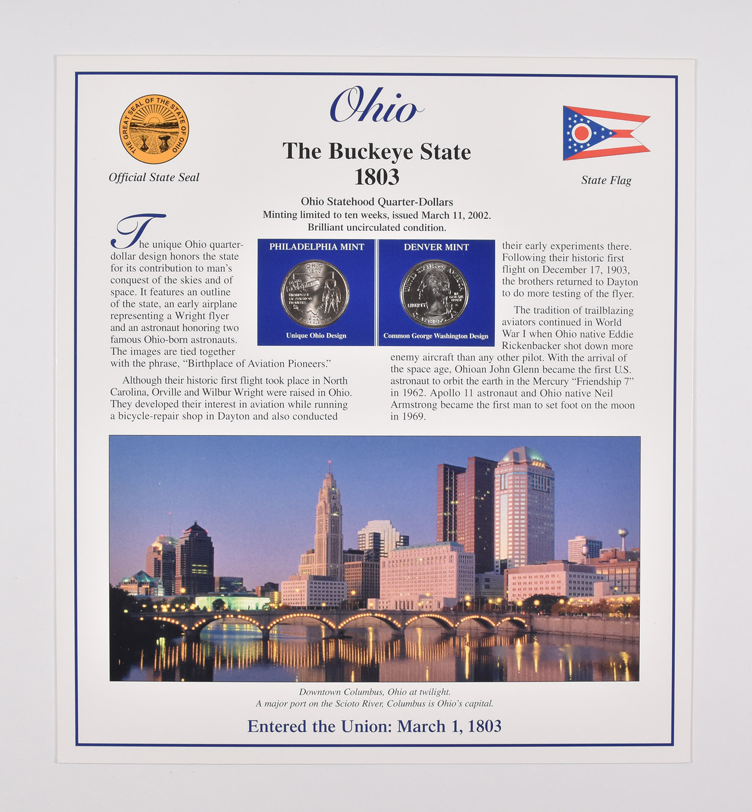 US Stamp & 2 CoinState Quarter Beautifully Displayed Coin Set Story ...