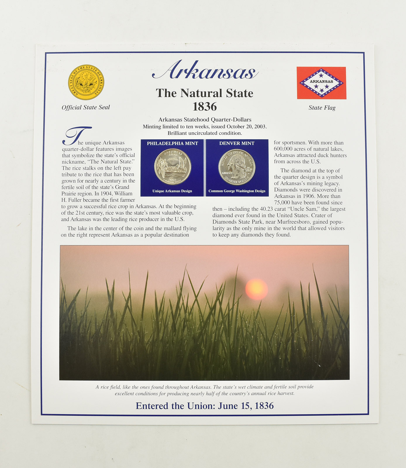 US Stamp & 2 CoinState Quarter Beautifully Displayed Coin Set Story ...