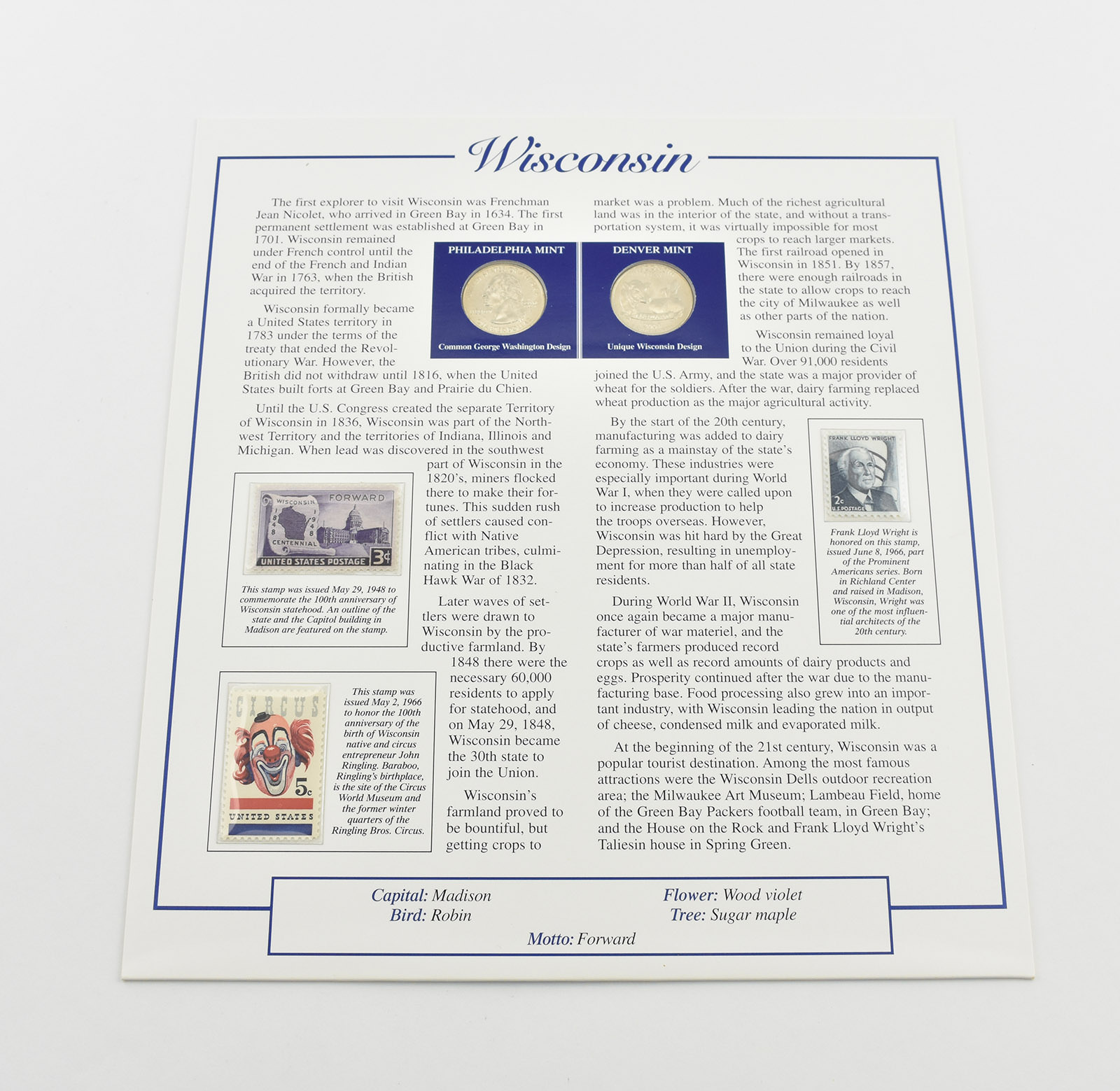 US Stamp & 2 CoinState Quarter Beautifully Displayed Coin Set Story ...