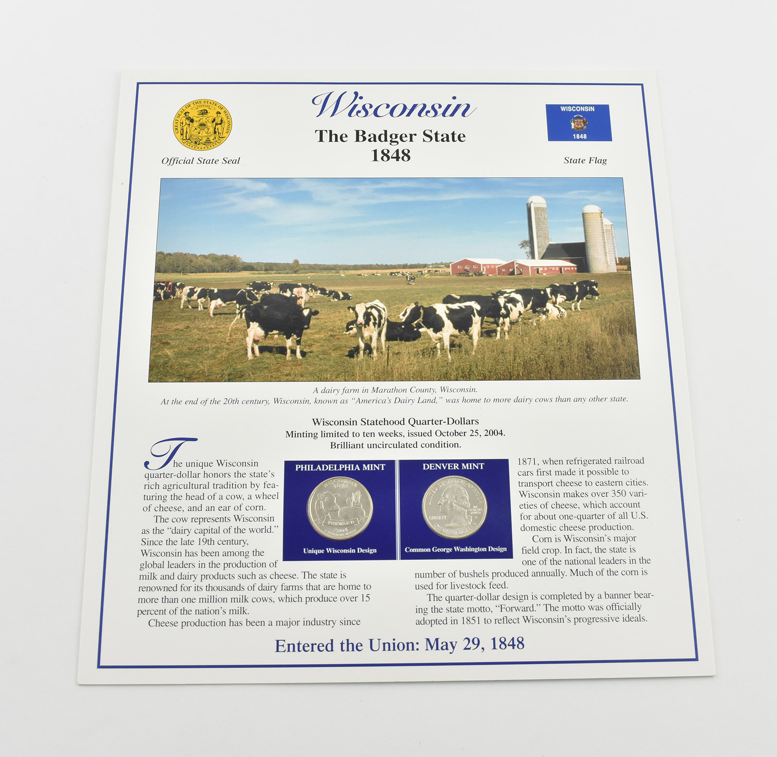 US Stamp & 2 CoinState Quarter Beautifully Displayed Coin Set Story ...