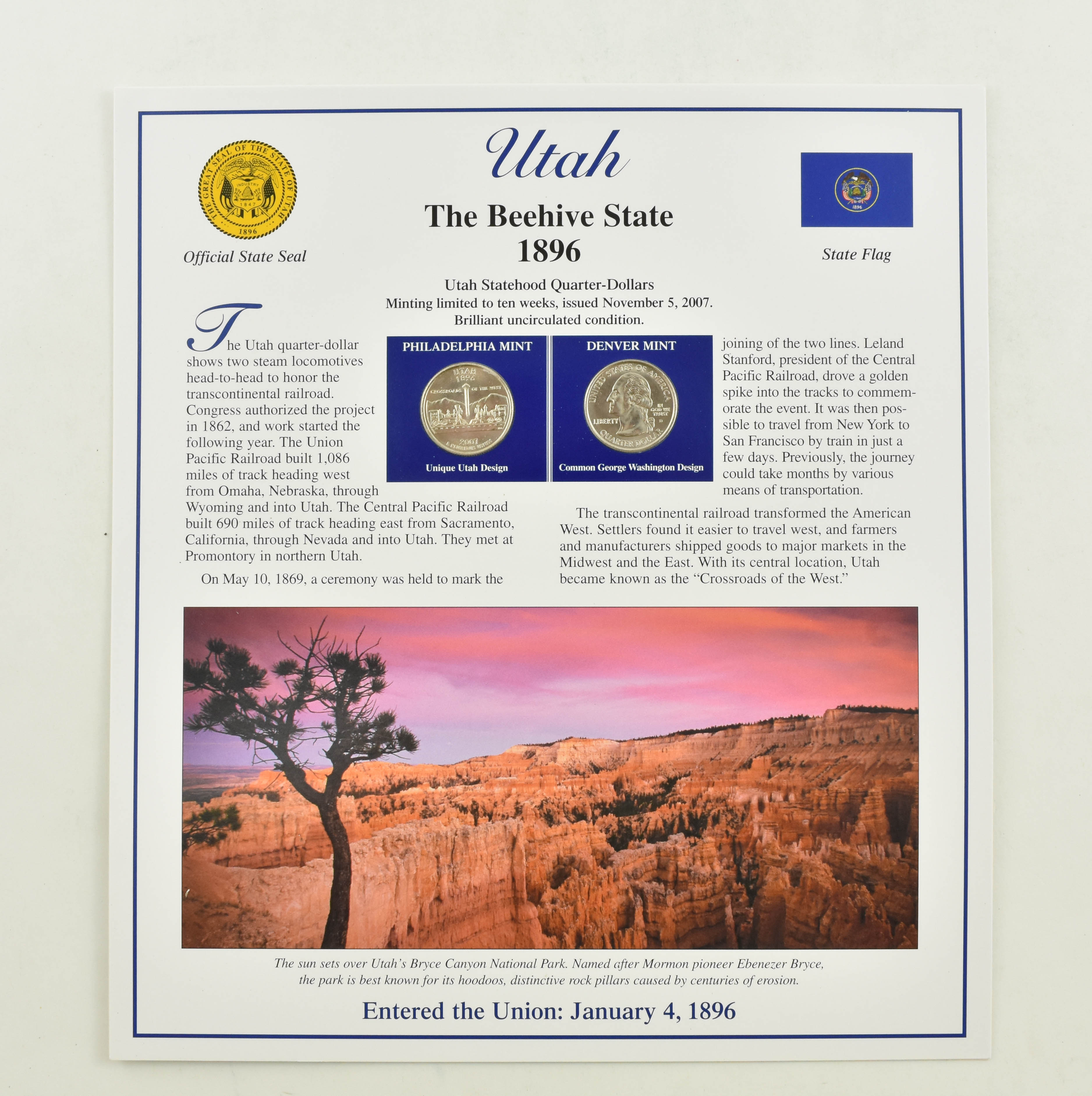 US Stamp & 2 CoinState Quarter Beautifully Displayed Coin Set Story ...