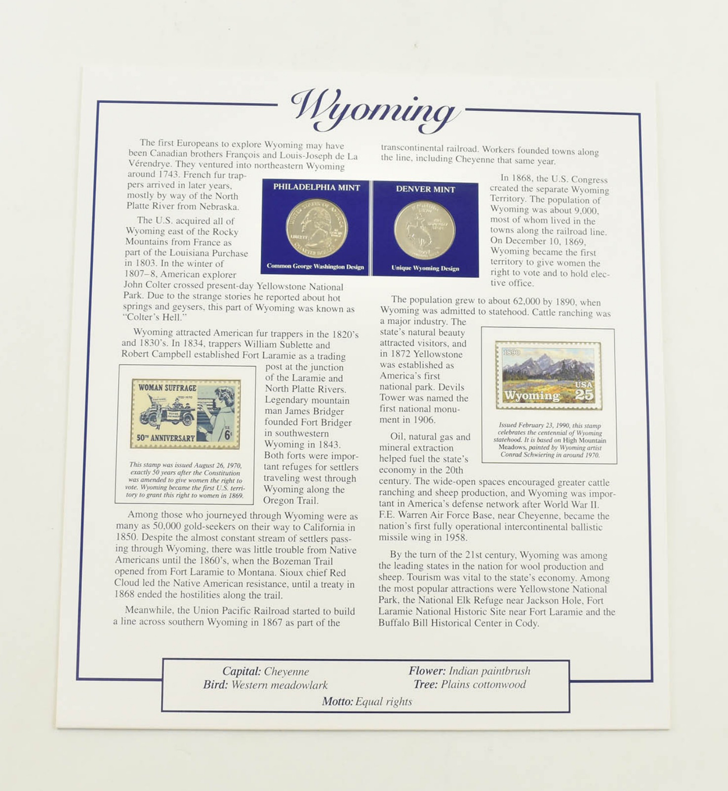 US Stamp & 2 CoinState Quarter Beautifully Displayed Coin Set Story ...