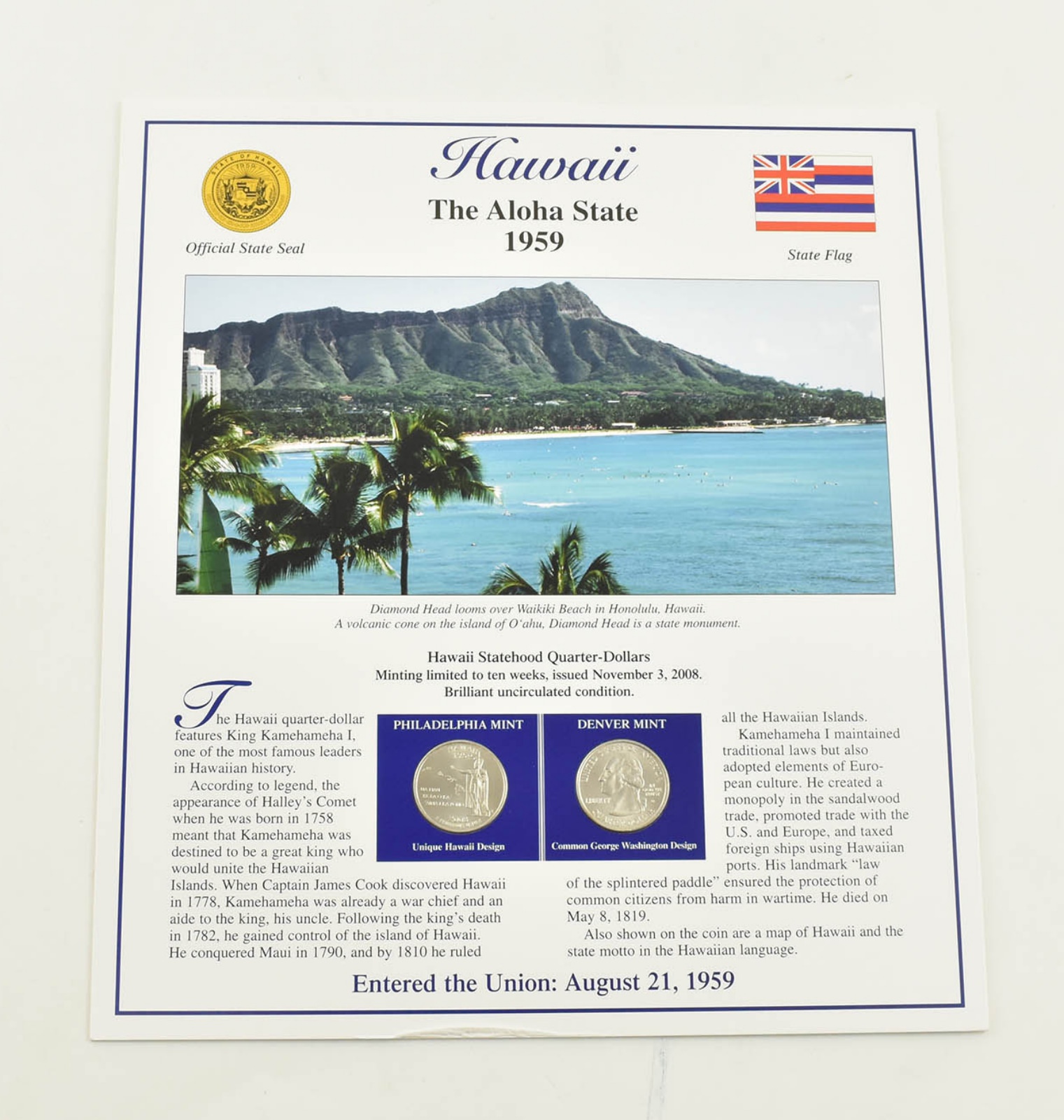 US Stamp & 2 CoinState Quarter Beautifully Displayed Coin Set Story ...