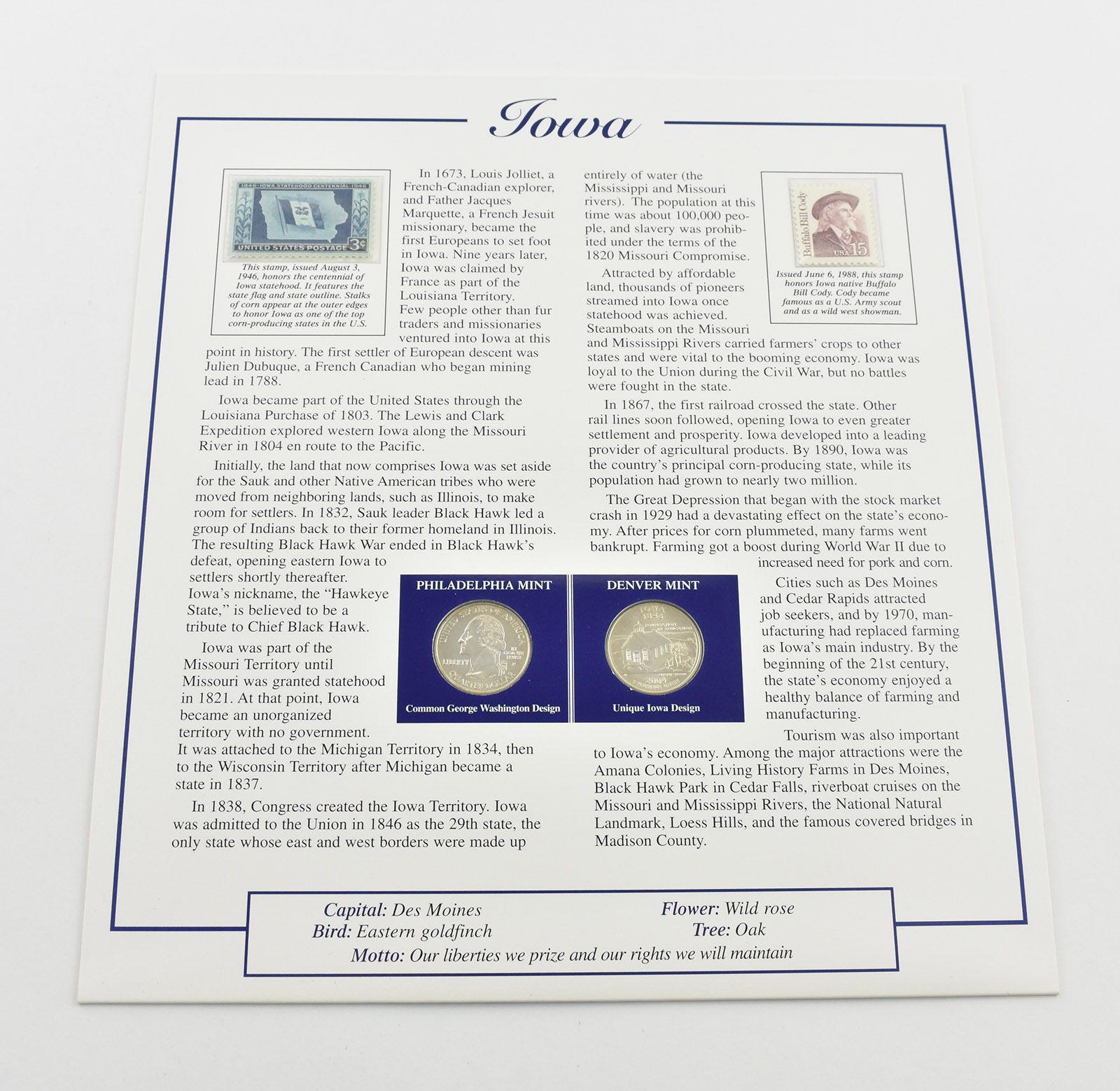 US Stamp & 2 CoinState Quarter Beautifully Displayed Coin Set Story ...
