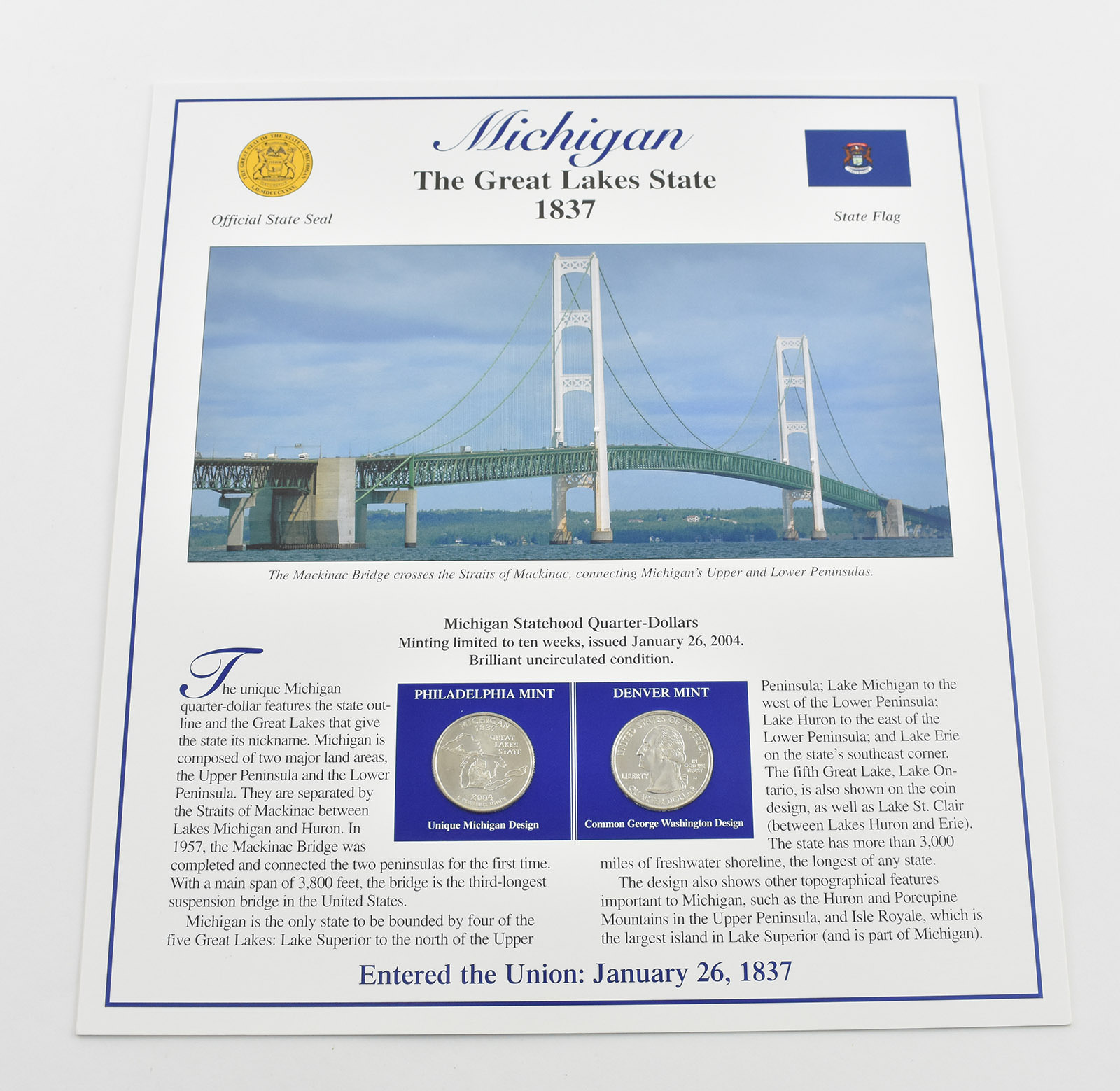 US Stamp & 2 CoinState Quarter Beautifully Displayed Coin Set Story ...