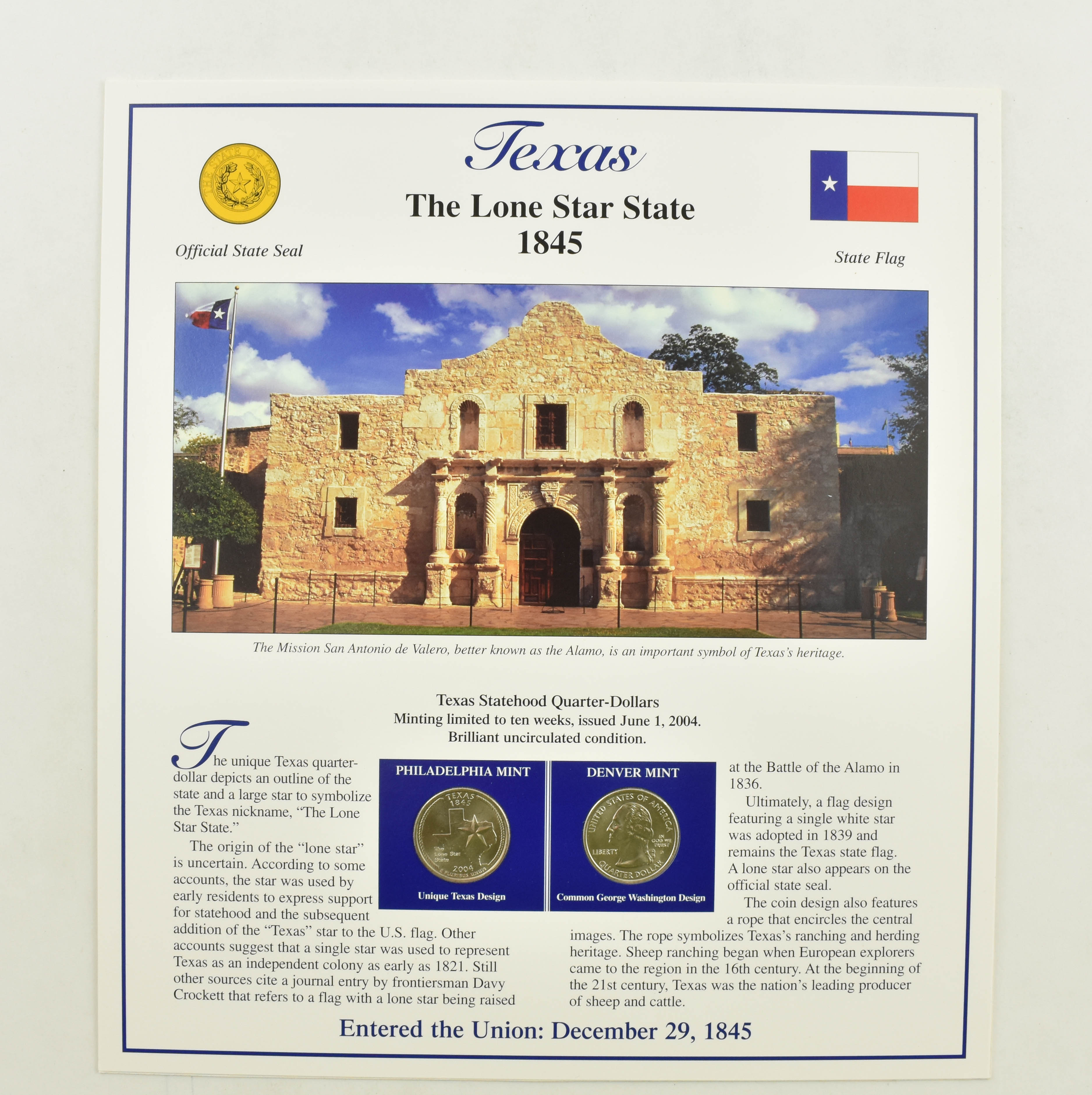 US Stamp & 2 CoinState Quarter Beautifully Displayed Coin Set Story ...