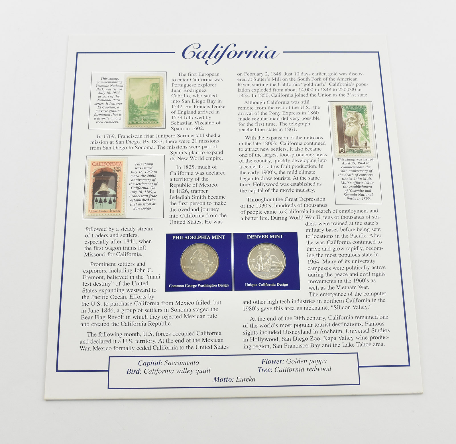US Stamp & 2 CoinState Quarter Beautifully Displayed Coin Set Story ...