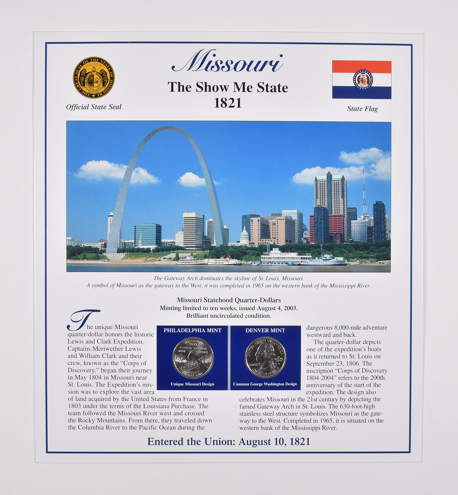 US Stamp & 2 CoinState Quarter Beautifully Displayed Coin Set Story ...