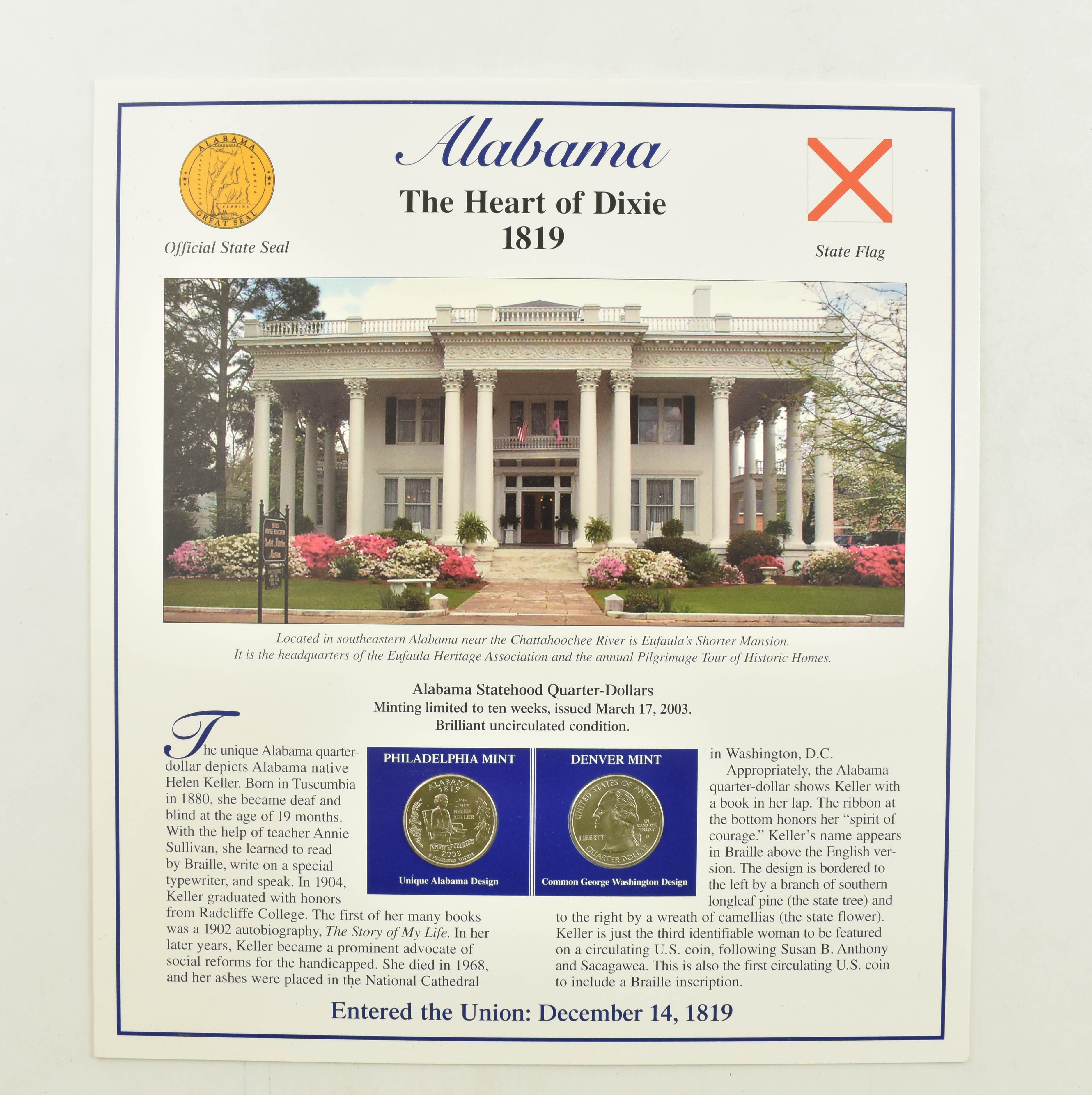 US Stamp & 2 CoinState Quarter Beautifully Displayed Coin Set Story ...