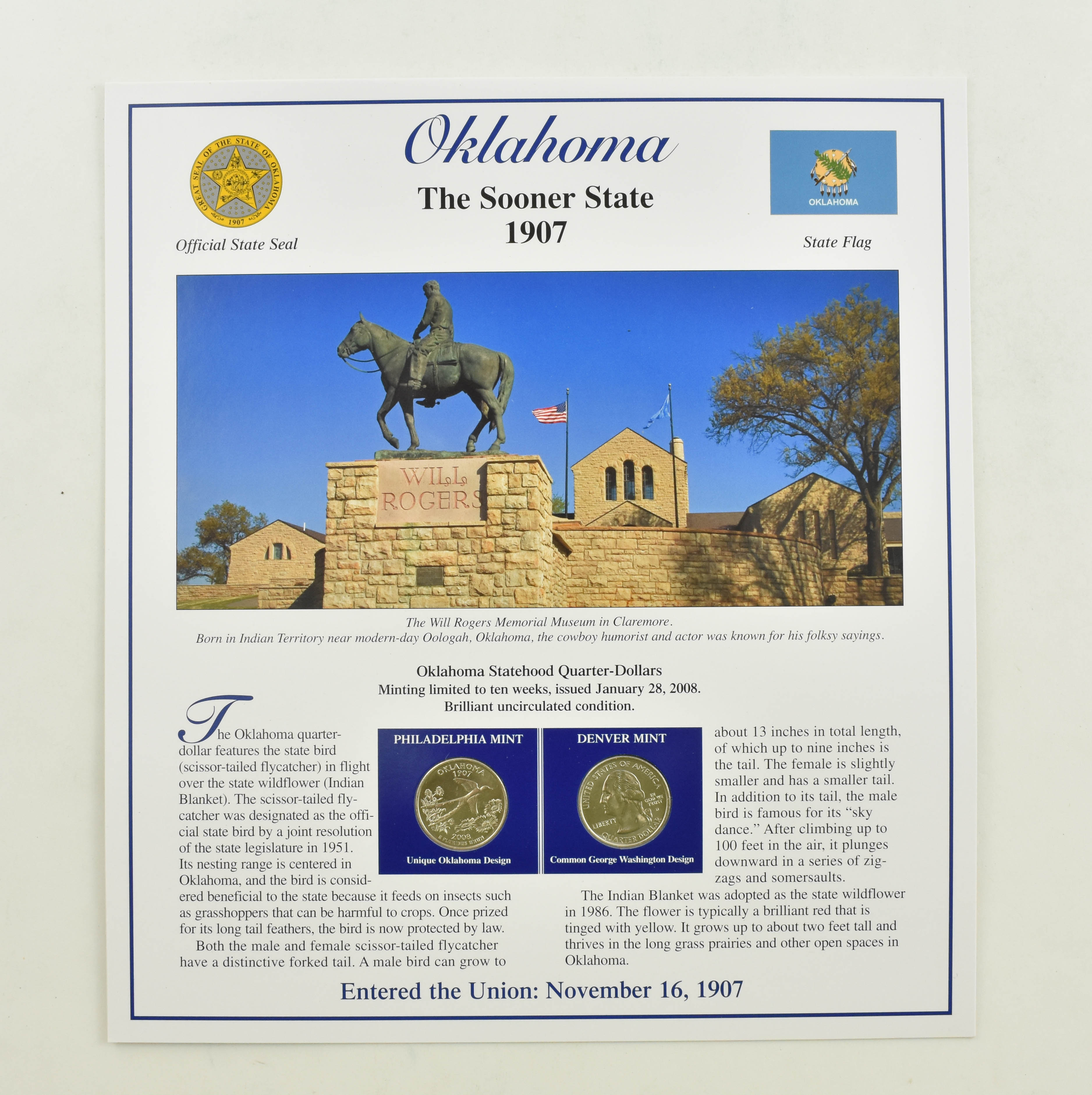 US Stamp & 2 CoinState Quarter Beautifully Displayed Coin Set Story ...