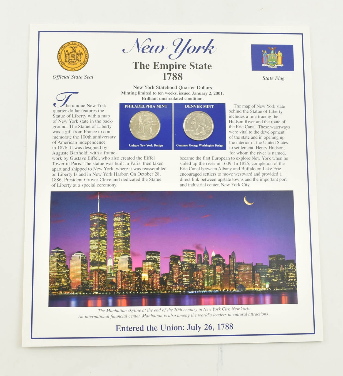 US Stamp & 2 CoinState Quarter Beautifully Displayed Coin Set Story ...